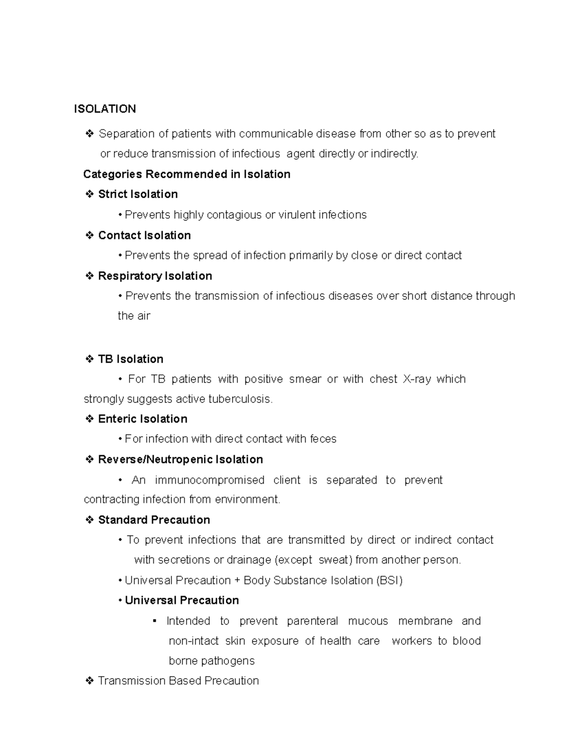 Isolation - NOTES - ISOLATIONN Separation of patients with communicable ...