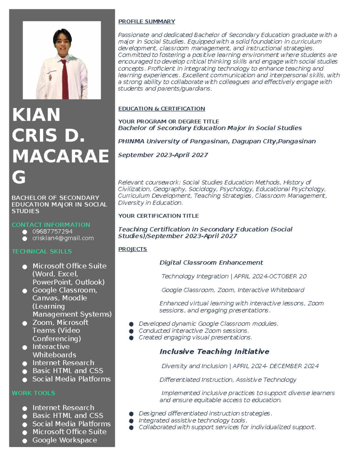 Copy of Template - Resume - KIAN CRIS D. MACARAE G BACHELOR OF ...