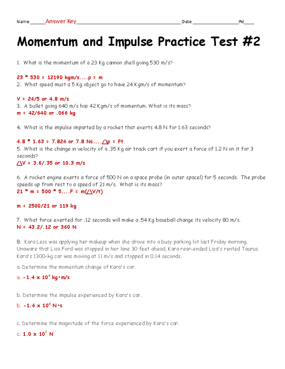 Momentum practice test - Name Answer Key ...
