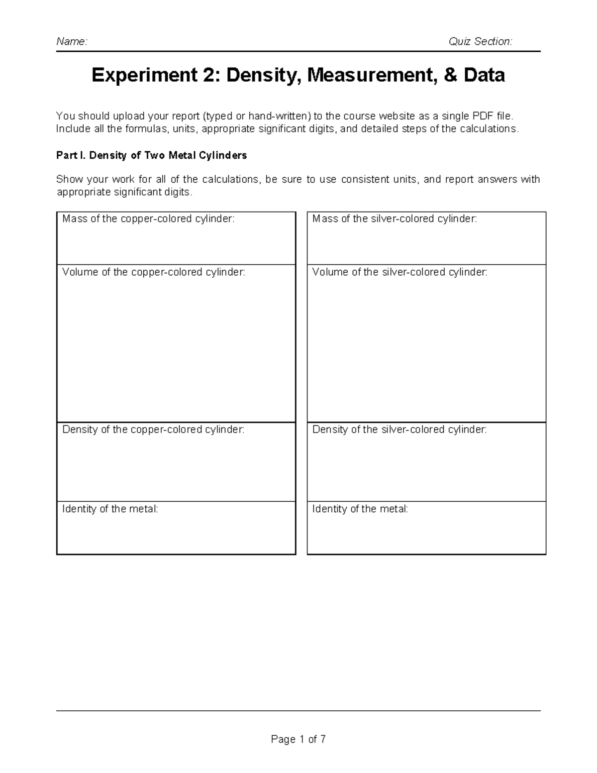 Lab 2 - Density Measurement and Data - Lab Report Template - Name: Quiz Section: Experiment 2 ...