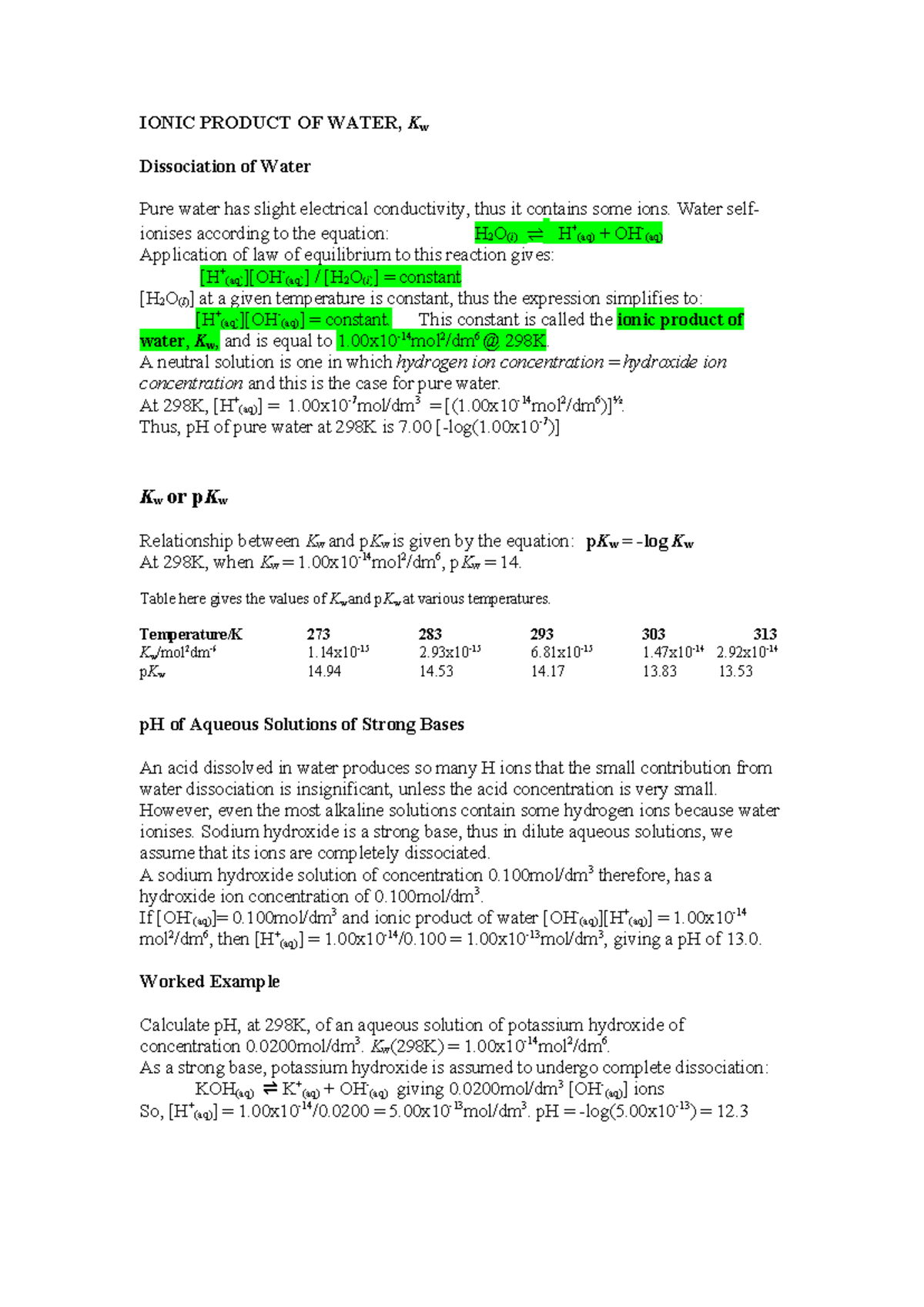 Ionic Product of Water - IONIC PRODUCT OF WATER, Kw Dissociation of ...