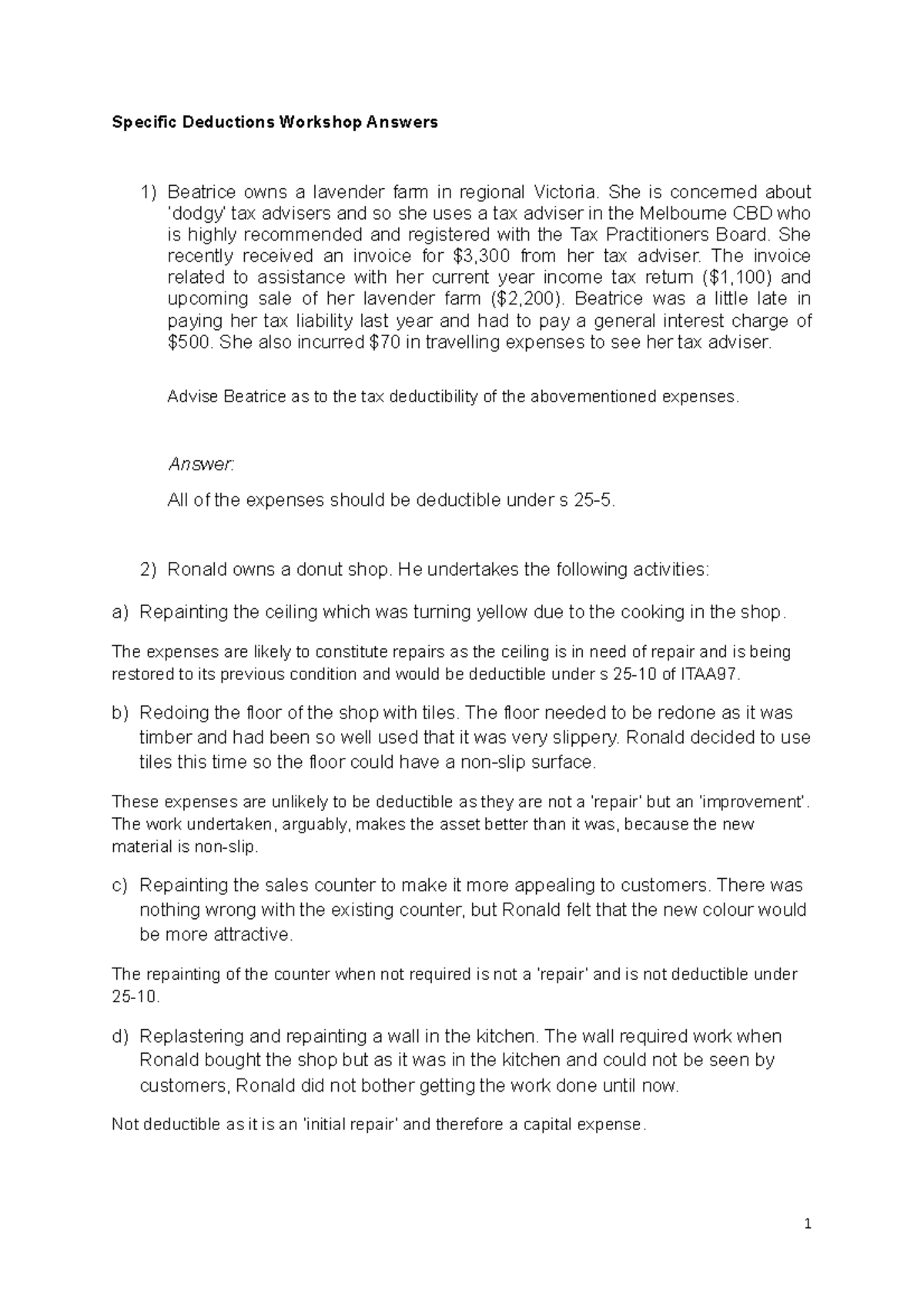 Specific Deductions Workshop Answers Semester 2 2021 Specific Deductions Workshop Answers