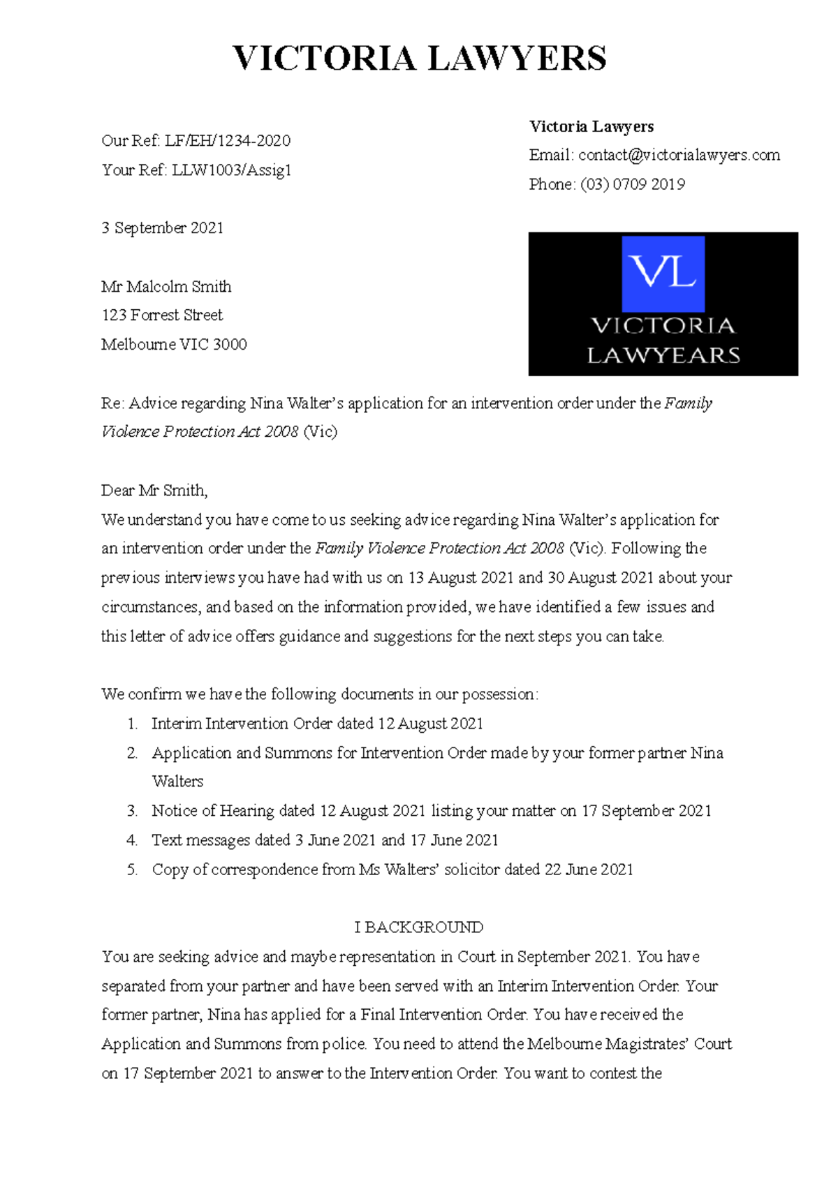 Letter OF Advice 83% - Our Ref: LF/EH/1234- Your Ref: LLW1003/Assig 3 ...