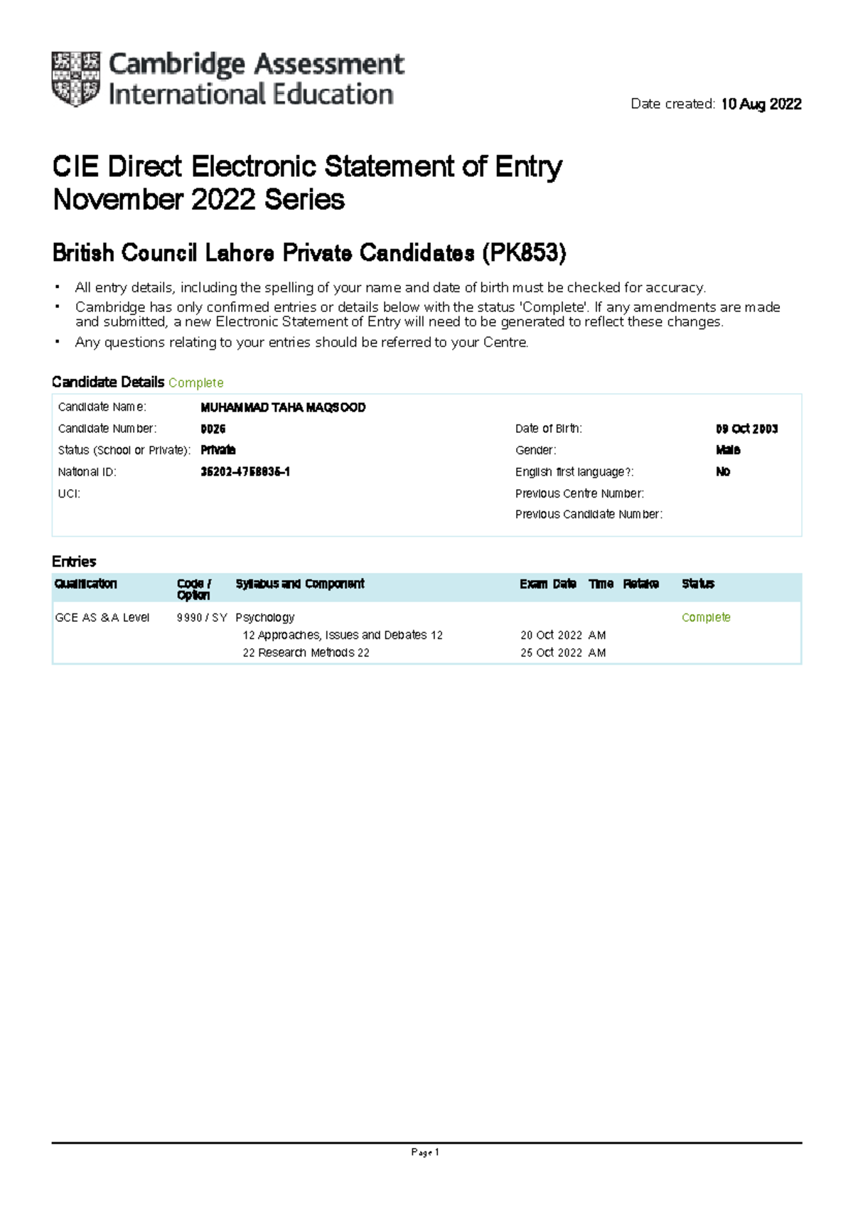 0026 Muhammad TAHA Maqsood - Page 1 CIE Direct Electronic Statement of ...