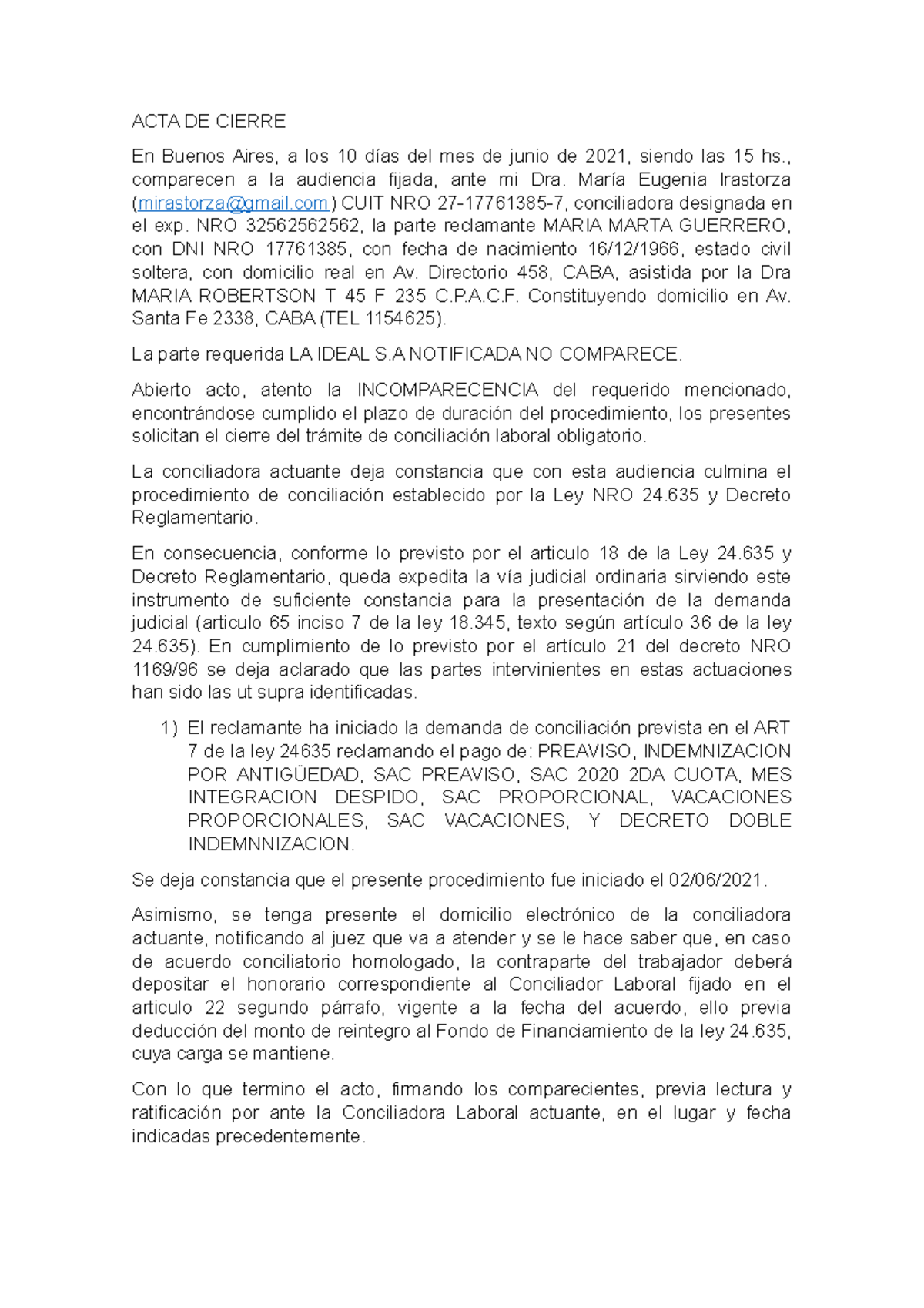 ACTA DE Cierre Seclo - ACTA DE CIERRE En Buenos Aires, a los 10 días del mes de junio de 2021 ...