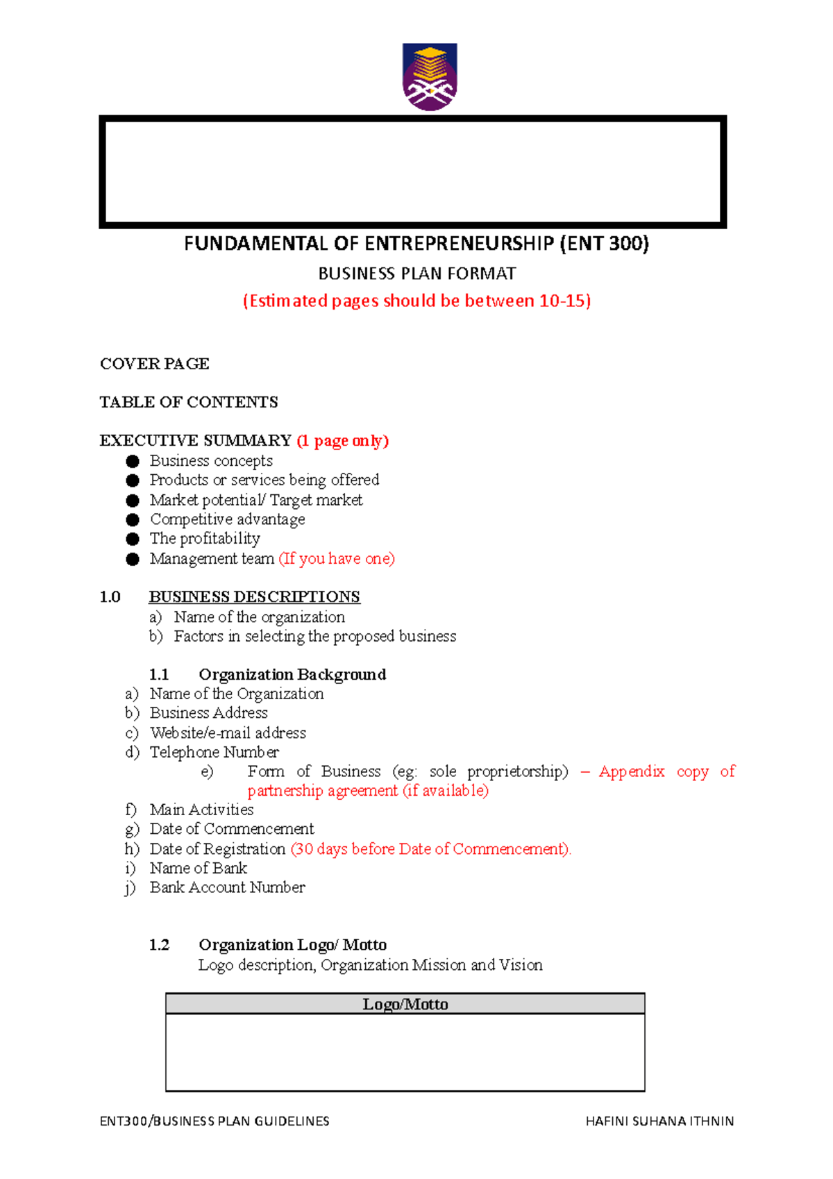 Business PLAN Guidelines - FUNDAMENTAL OF ENTREPRENEURSHIP (ENT 300 ...
