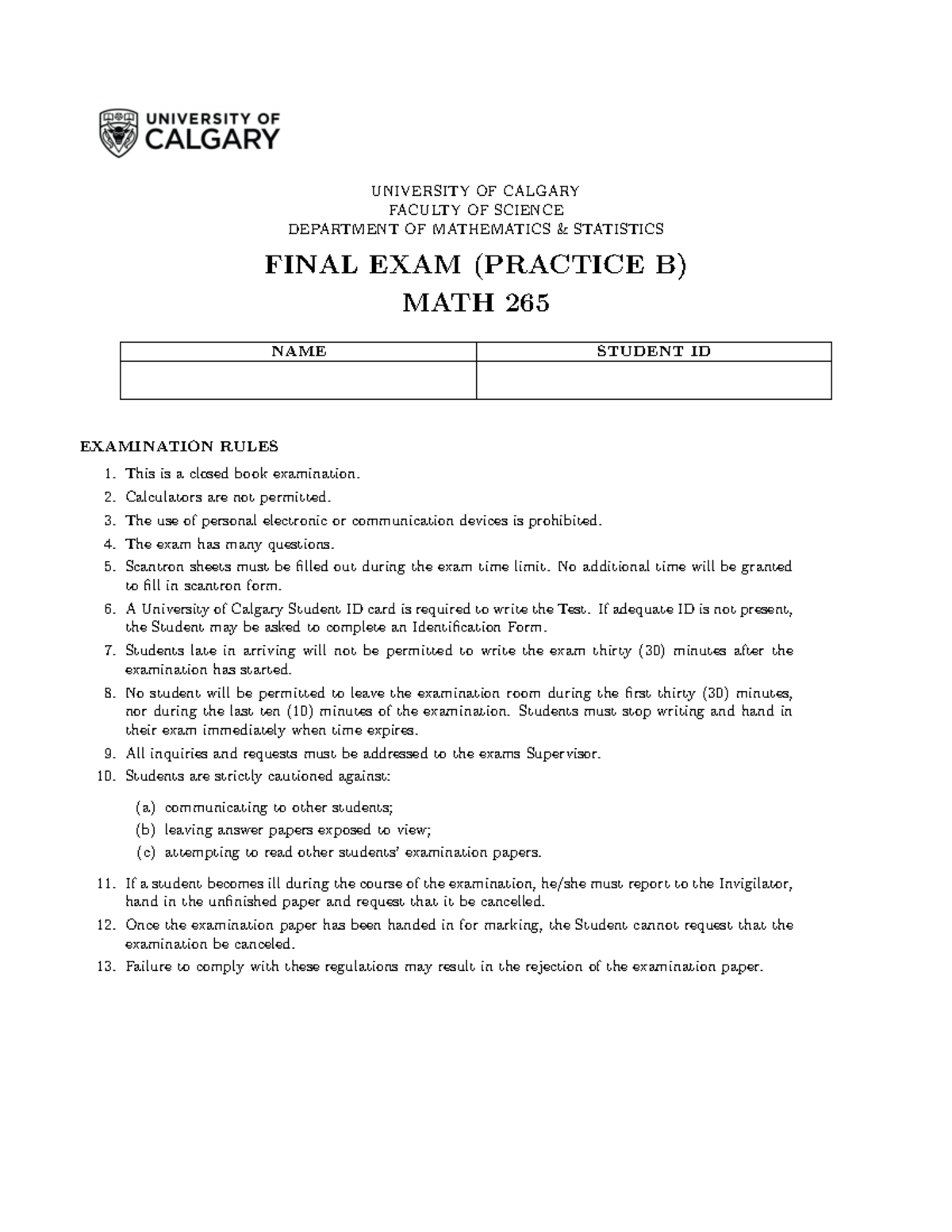 Math 265 Final Practice B key - UNIVERSITY OF CALGARY FACULTY OF SCIENCE DEPARTMENT OF ...