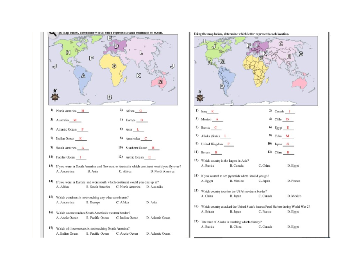 World geography - the map below. determine which letter represents each ...