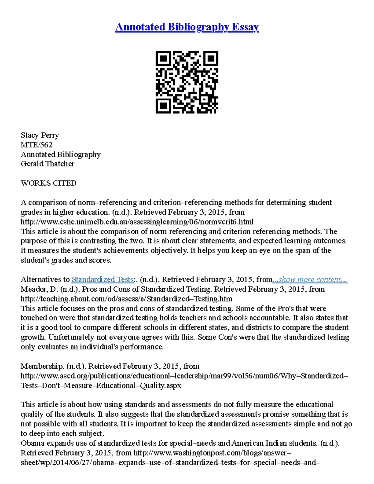 Annotated Essay - Annotated Bibliography Essay Stacy Perry MTE ...
