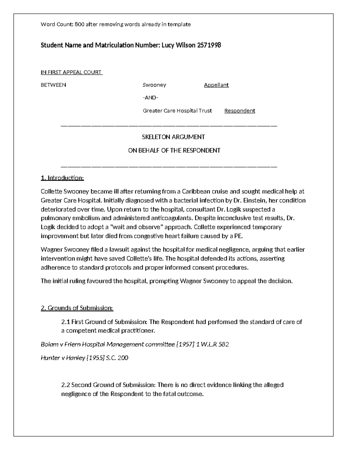 Skeleton Argument - Word Count: 800 after removing words already in ...