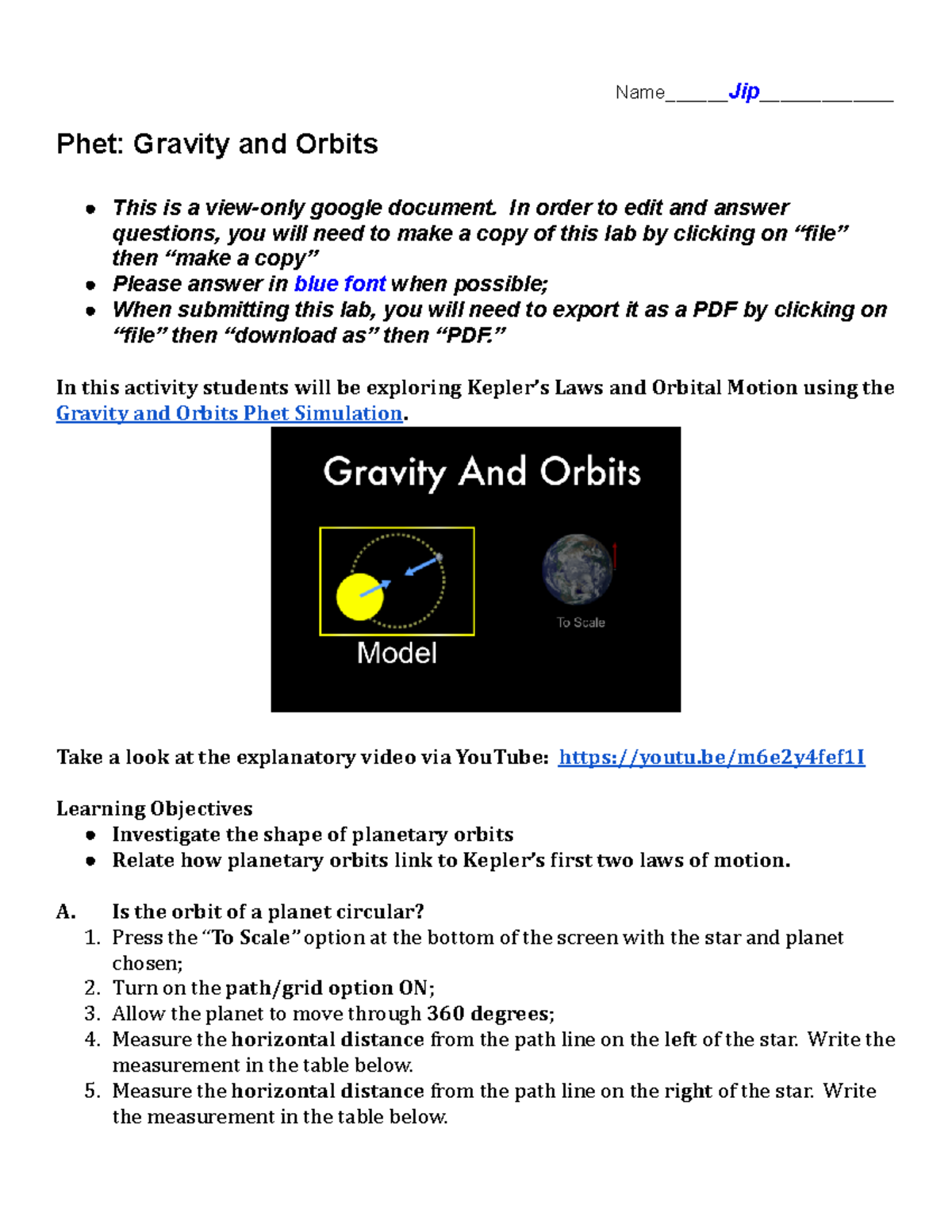 PhET Kepler Lab For Physics Principles IV Name Jip