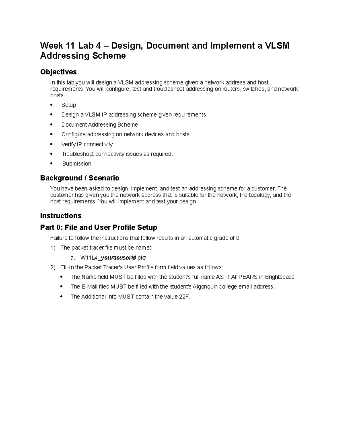 Week 11 Lab 4 - Design and Implement a VLSM Addressing Scheme - Week 11 Lab 4 – Design, Document ...
