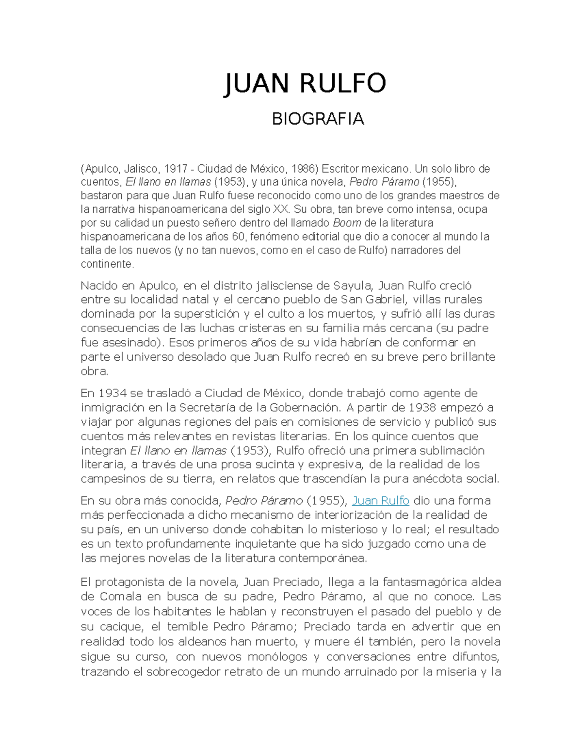 JUAN Rulfo - JUAN RULFO BIOGRAFIA (Apulco, Jalisco, 1917 - Ciudad de ...