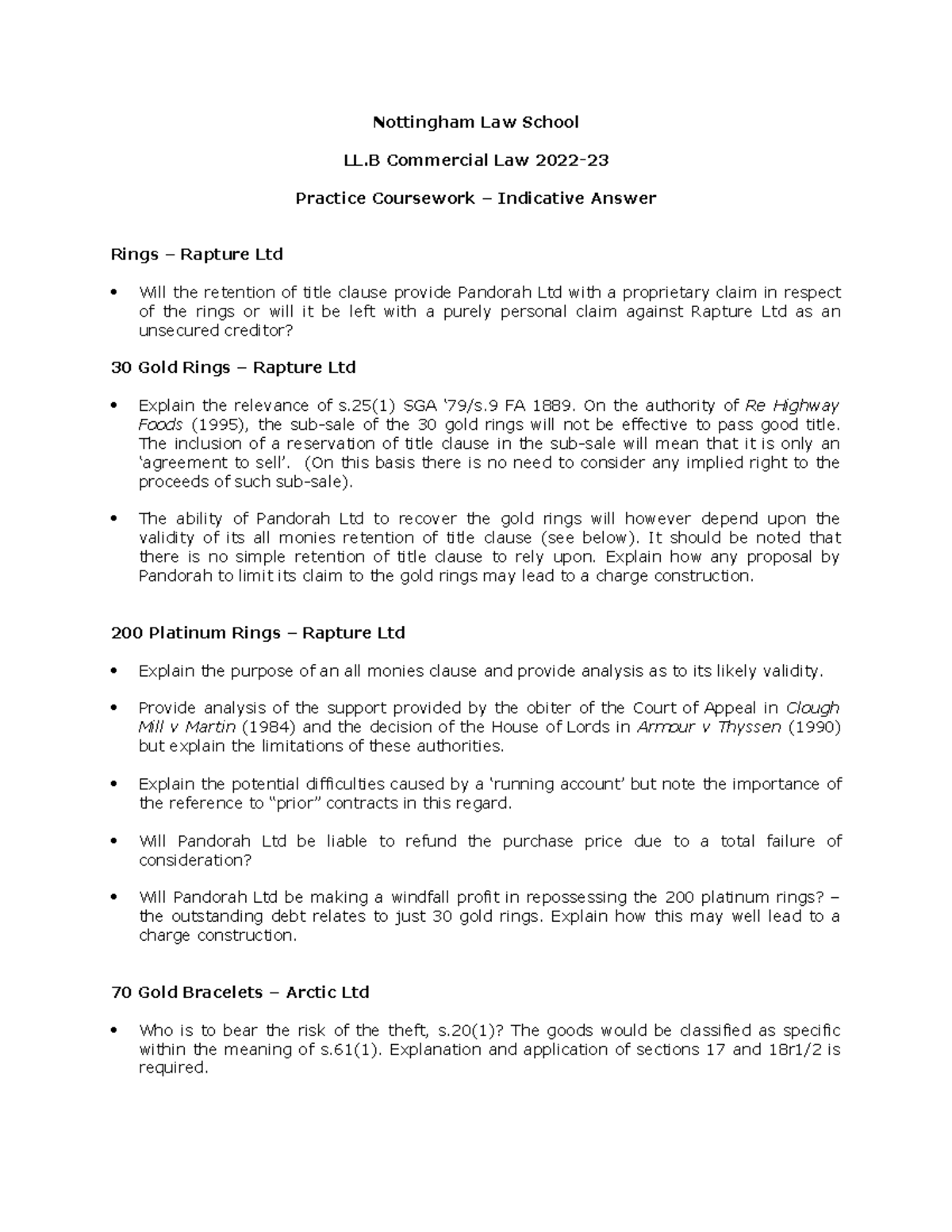 Practice Commercial Law Coursework Indicative Answer 22-23 - Nottingham ...