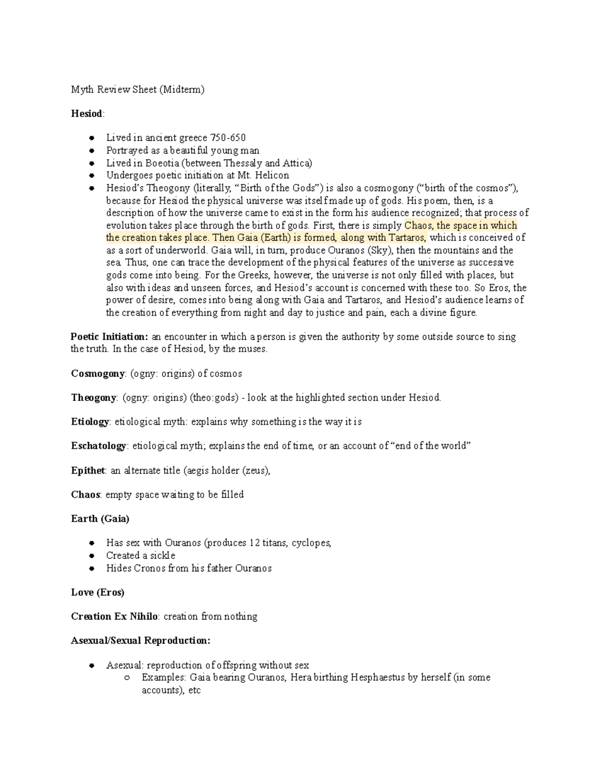 Myth Review Sheet (Midterm) - Myth Review Sheet (Midterm) Hesiod ...