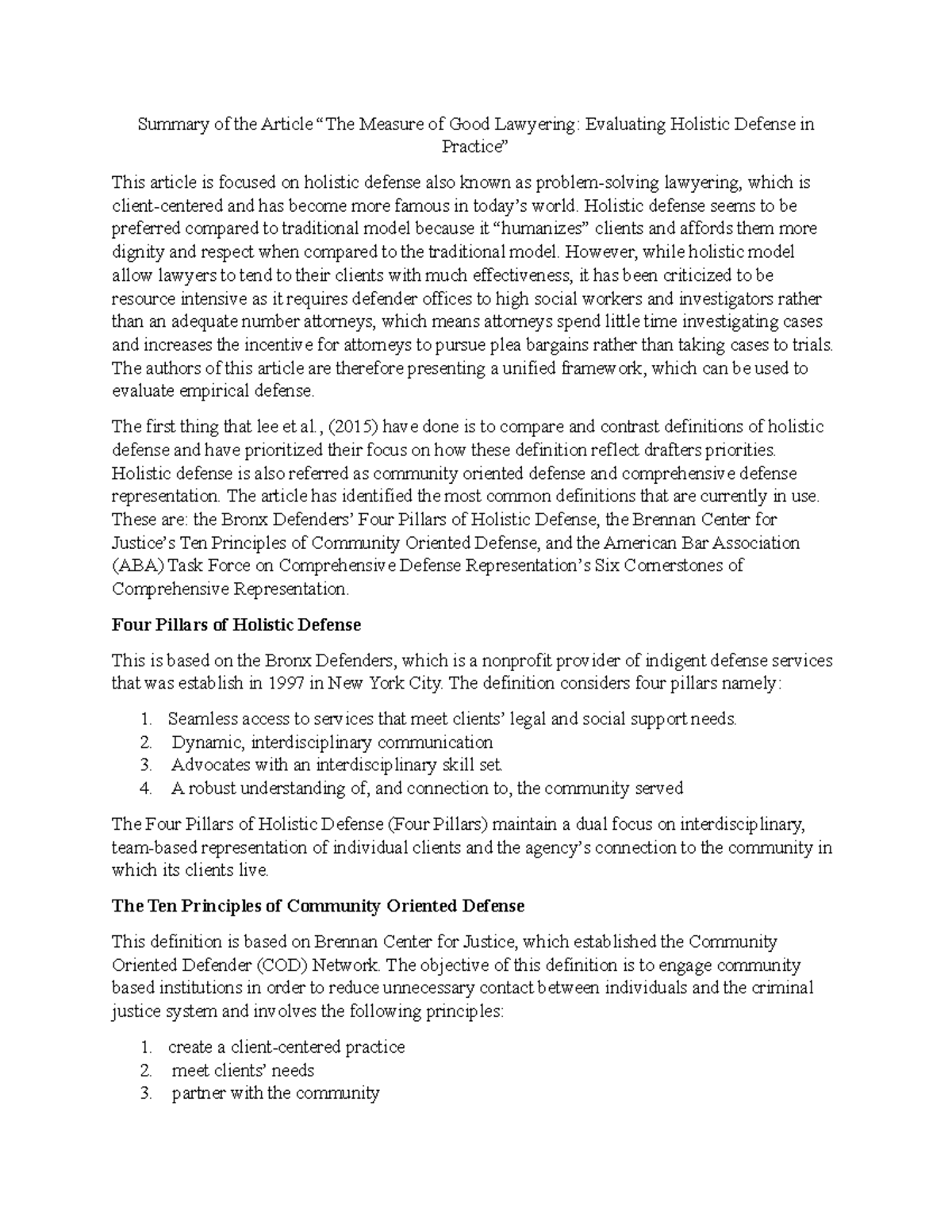 Summary of the Article - Holistic defense seems to be preferred ...