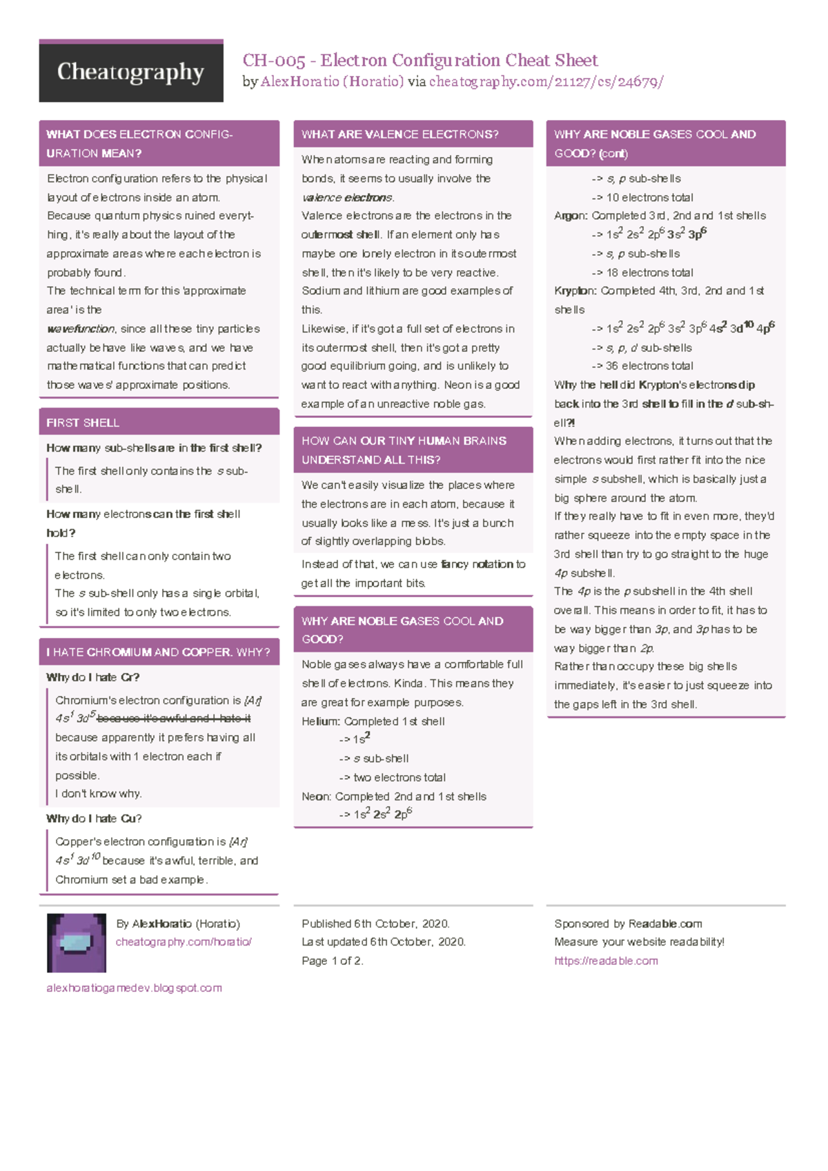 Horatio ch-005-electron-configuration - CH-005 - Electron Configuration Cheat Sheet by ...