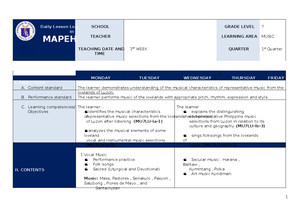 Q1 Grade 7 Music DLL Week 1 - Daily Lesson Log in MAPEH SCHOOL GRADE ...