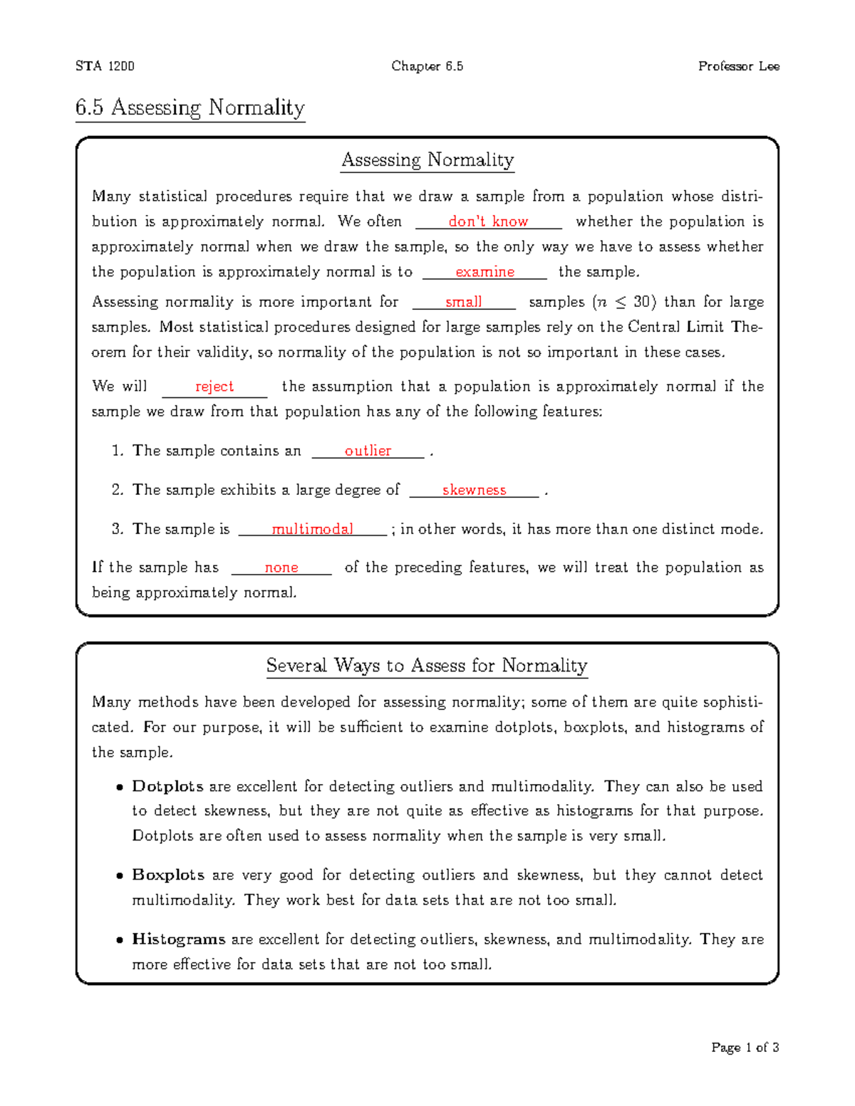 Sample Normality - Professor Ryan Lee - STA 1200 Chapter 6 Professor ...