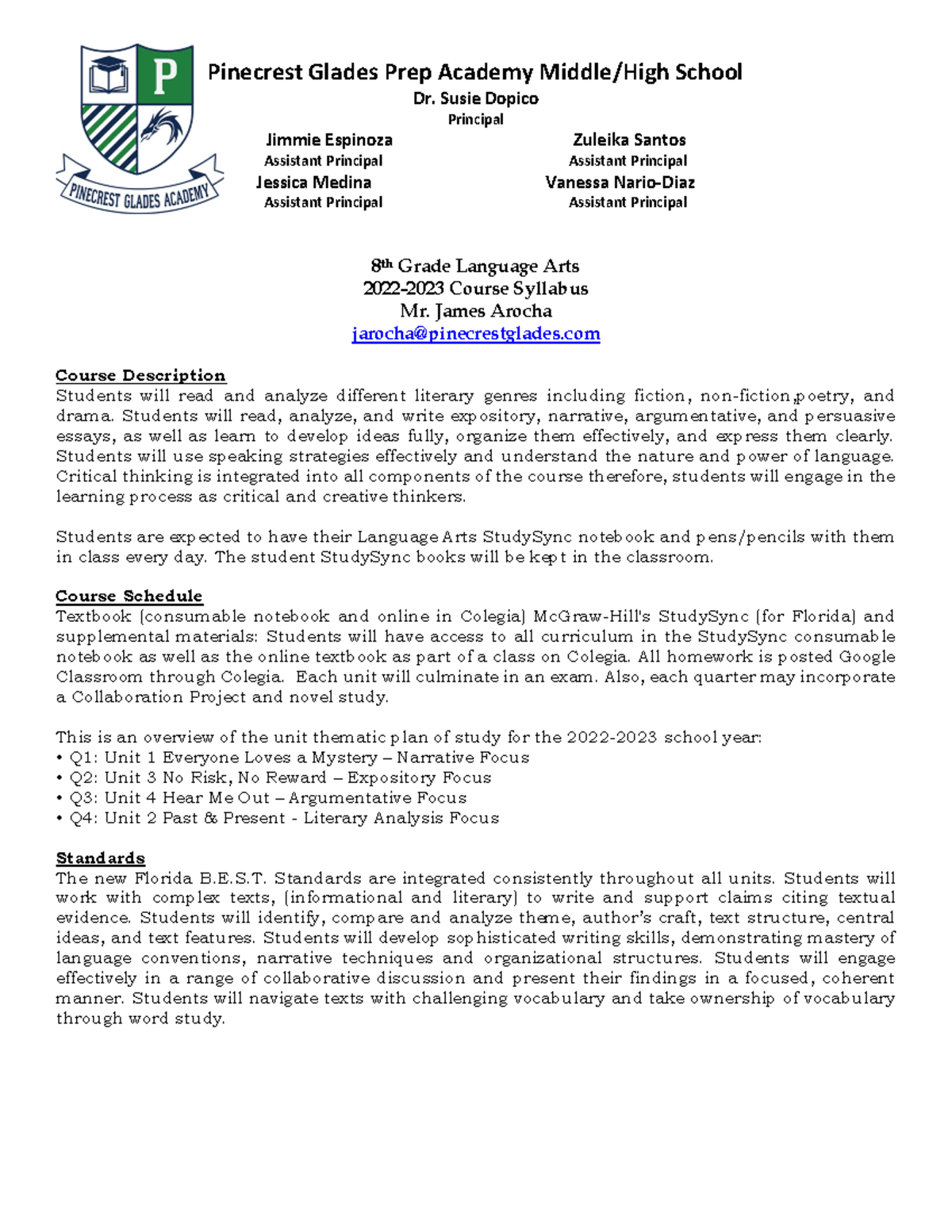 8th Grade Syllabus Final - Dr. Susie Dopico Principal Jimmie Espinoza ...