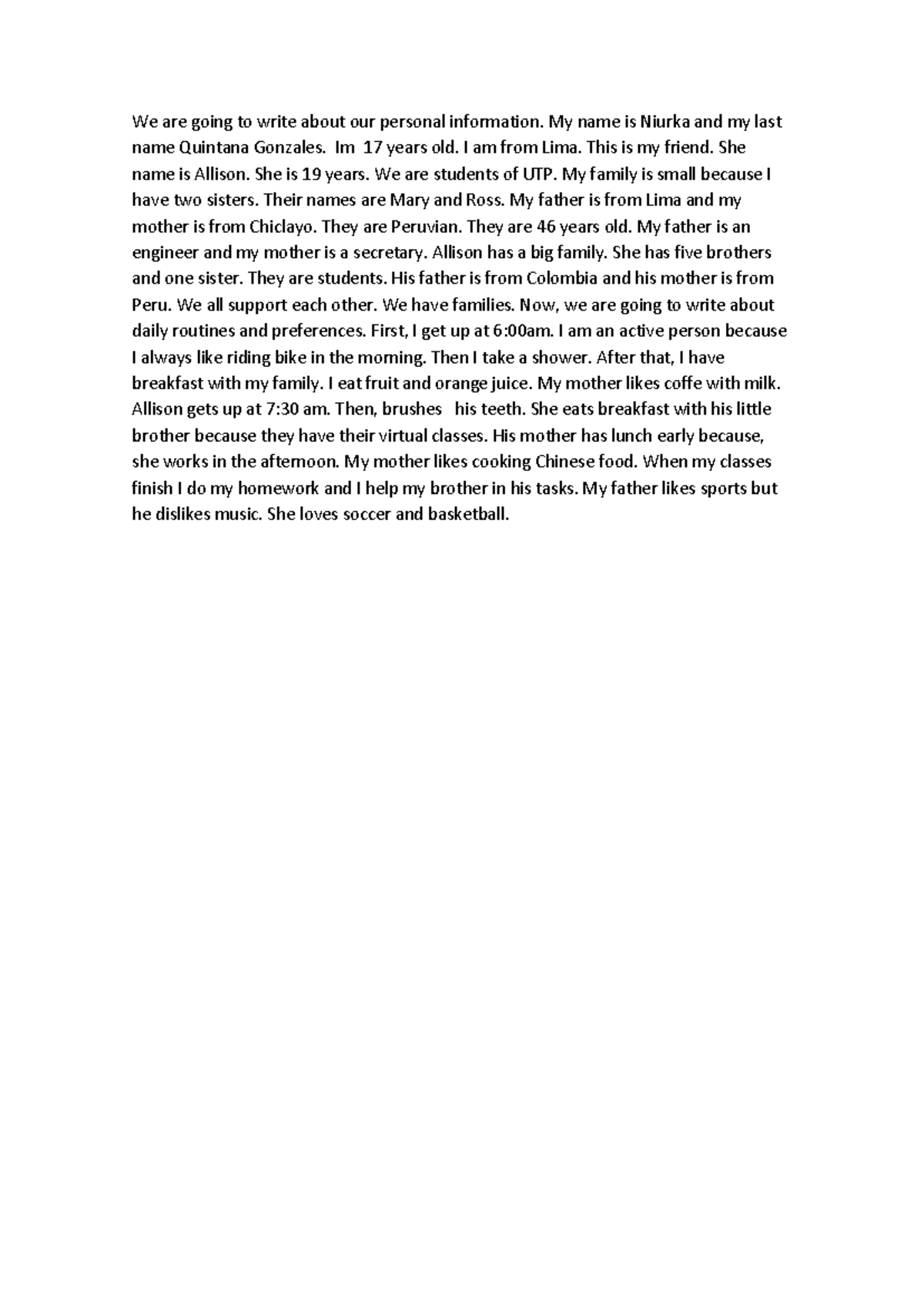 Dialogo ingles, final - We are going to write about our personal ...