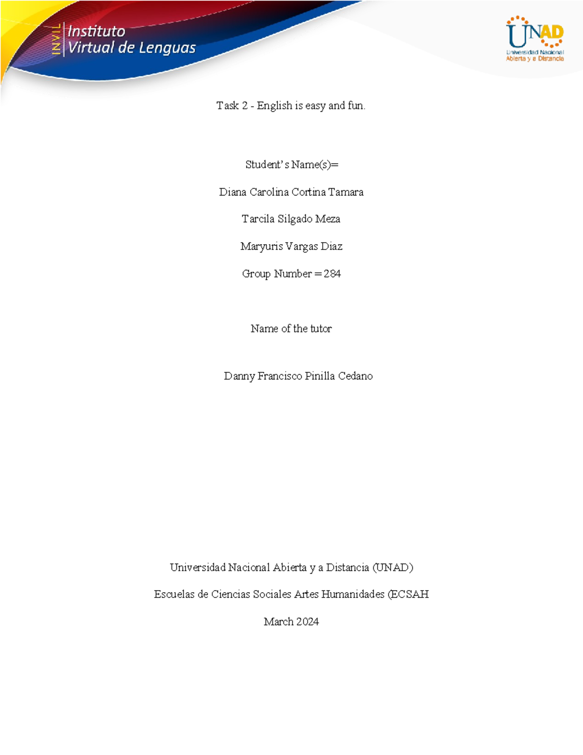 Plantilla Act - Task 2 - English is easy and fun. Student’s Name(s ...