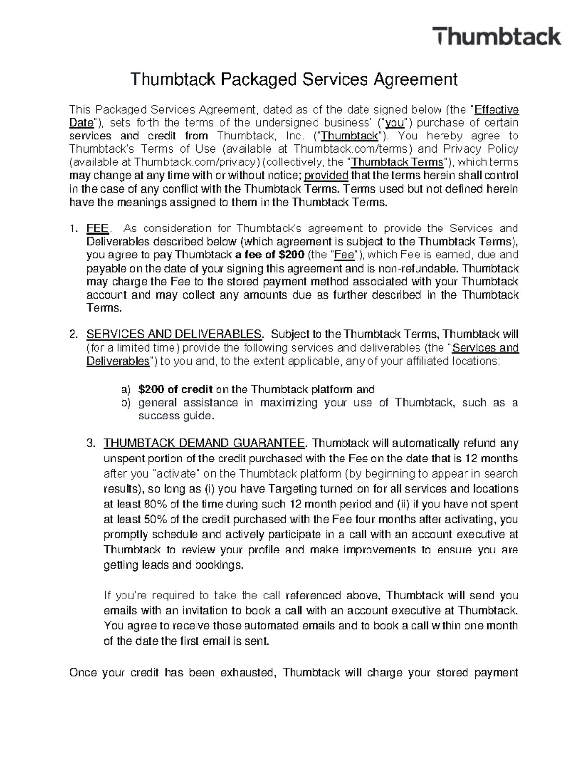 Thumbtack Packaged Services Agreement (Limpia Plus and Thumbtack ...