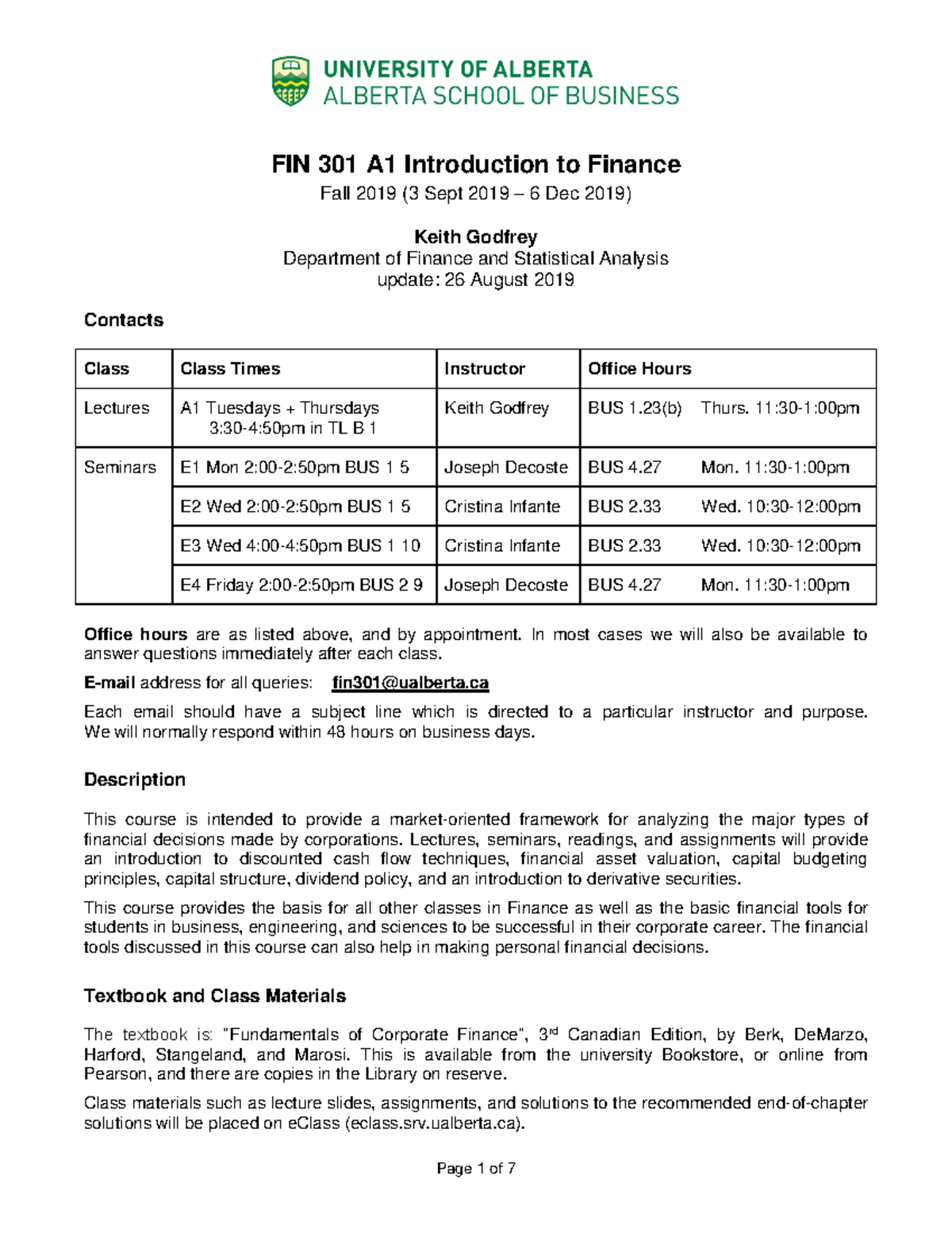 FIN 301 Outline Fall 2019 Keith Godfrey 2019 0826 - FIN 3 01 A1 ...