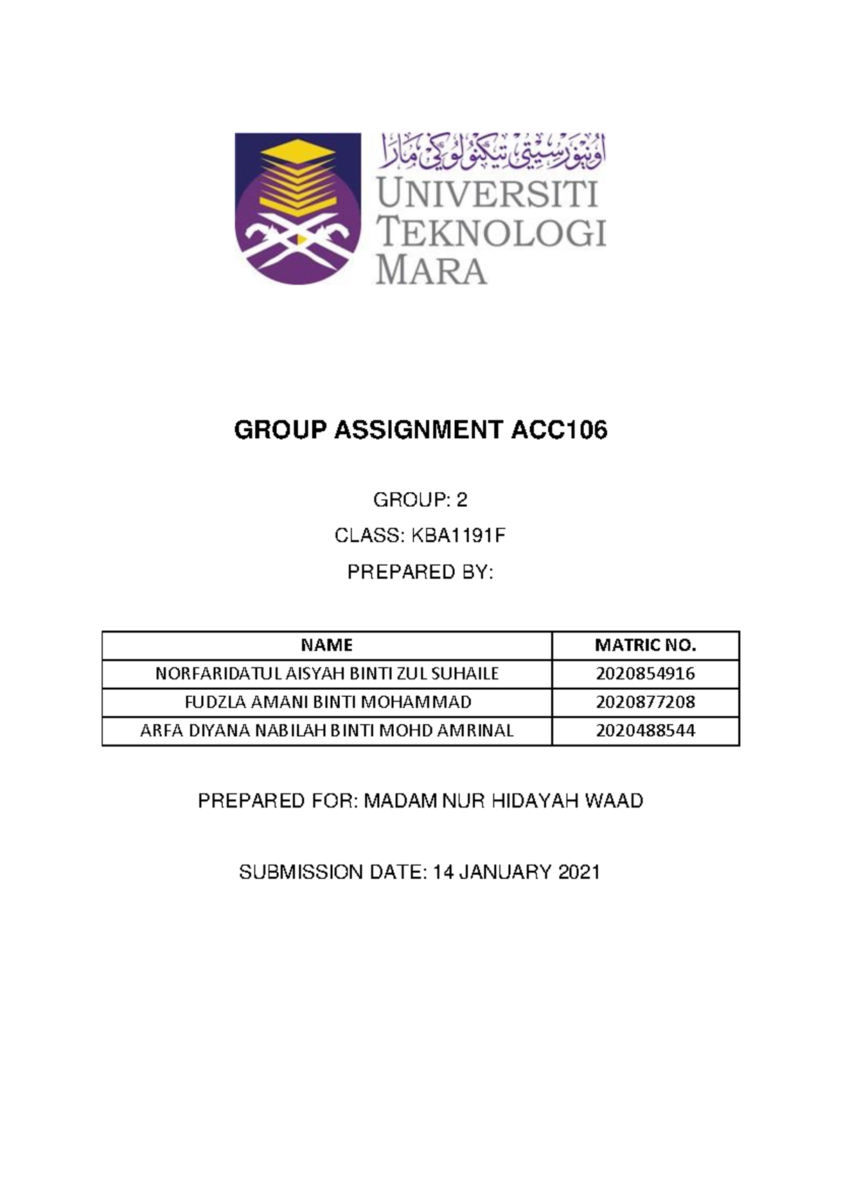 Group Assignment ACC106 - GROUP ASSIGNMENT ACC GROUP: 2 CLASS: KBA1191F ...