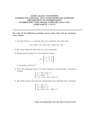 Model Exam Economics AAU - Addis Ababa University College of Business ...