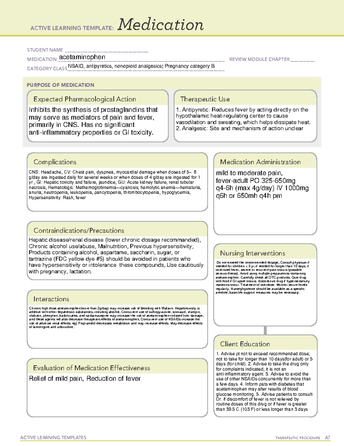 Acetaminophen - drug card - ACTIVE LEARNING TEMPLATES TherapeuTic ...