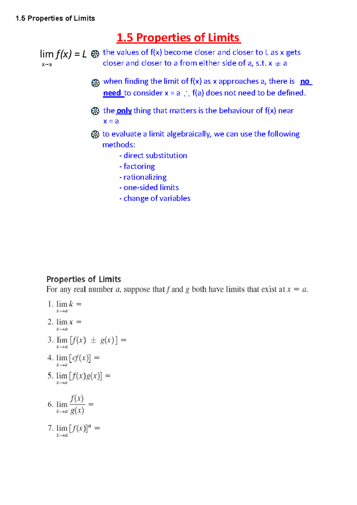 1.5 Properties of Limits - 1 Properties of Limits lim f(x) = L x a the ...