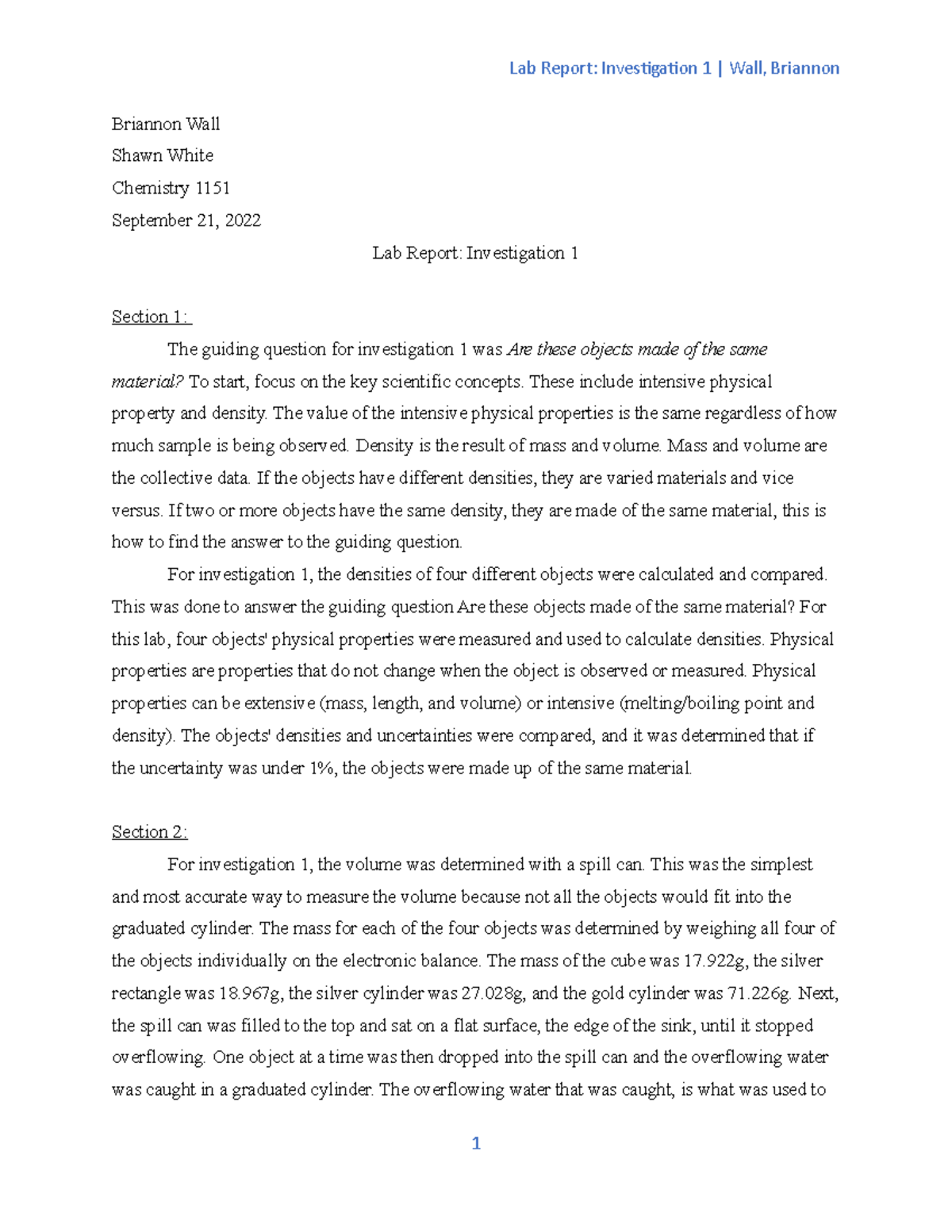 Lab Report- Investigation 1 - These include intensive physical property ...