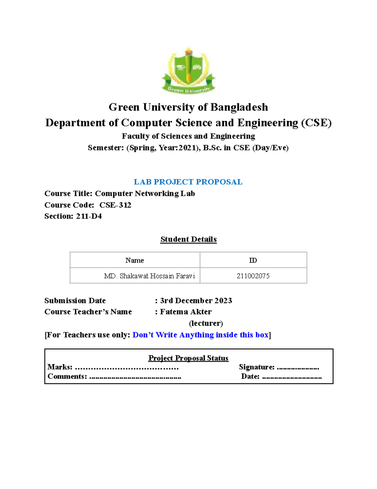 211002075 project proposal - Green University of Bangladesh Department ...