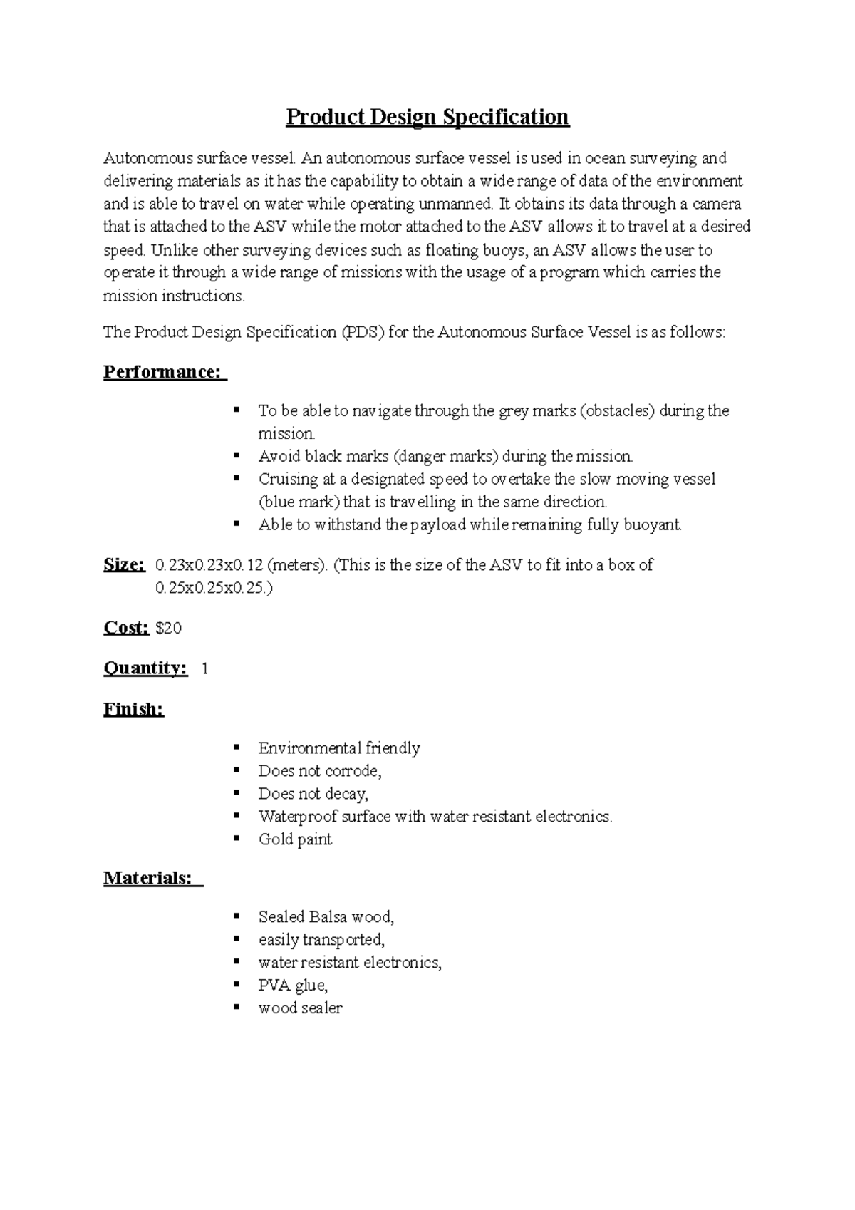 Product specification sheet - Product Design Specification Autonomous ...