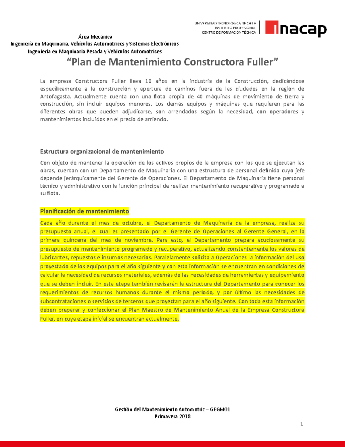 Caso Plan de Mantenimieto Constructora Fuller - “Plan de Mantenimiento ...