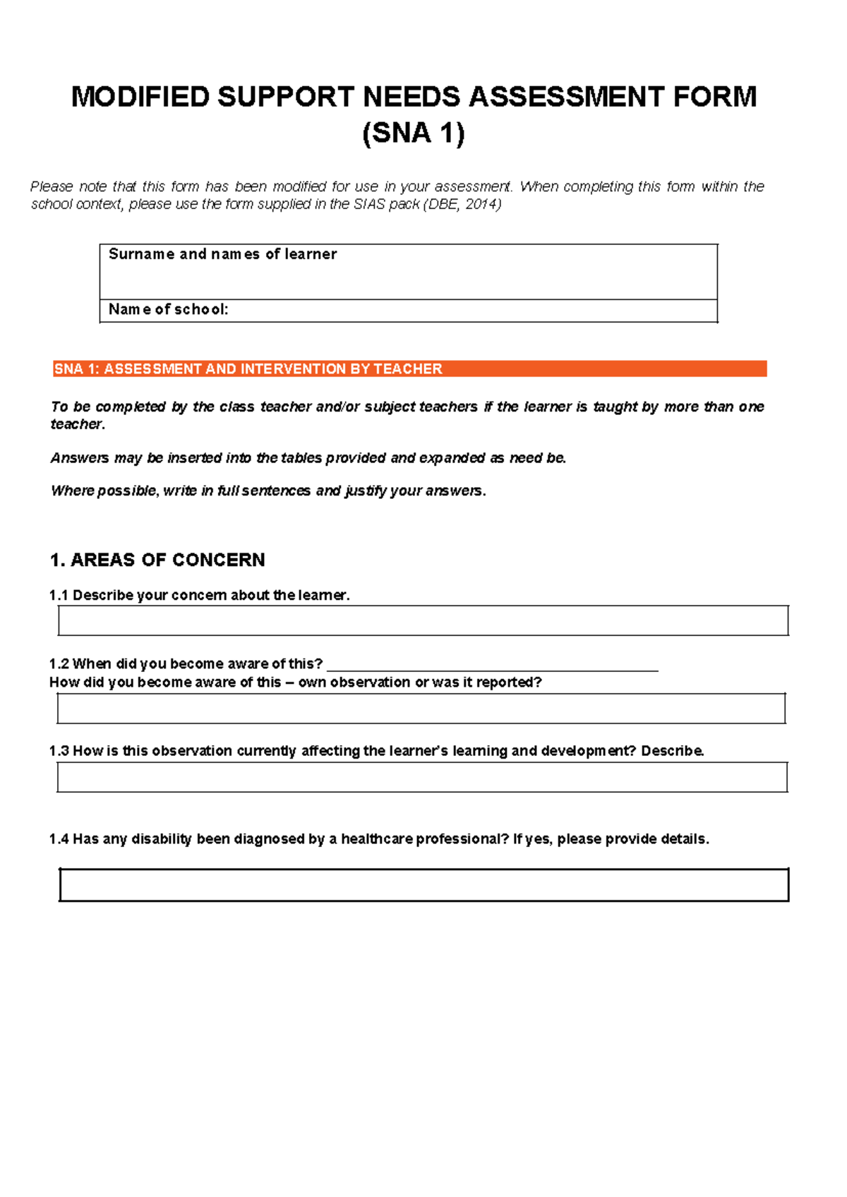 Student SIAS SNA1 and 2 Form for Teacher - MODIFIED SUPPORT NEEDS ...