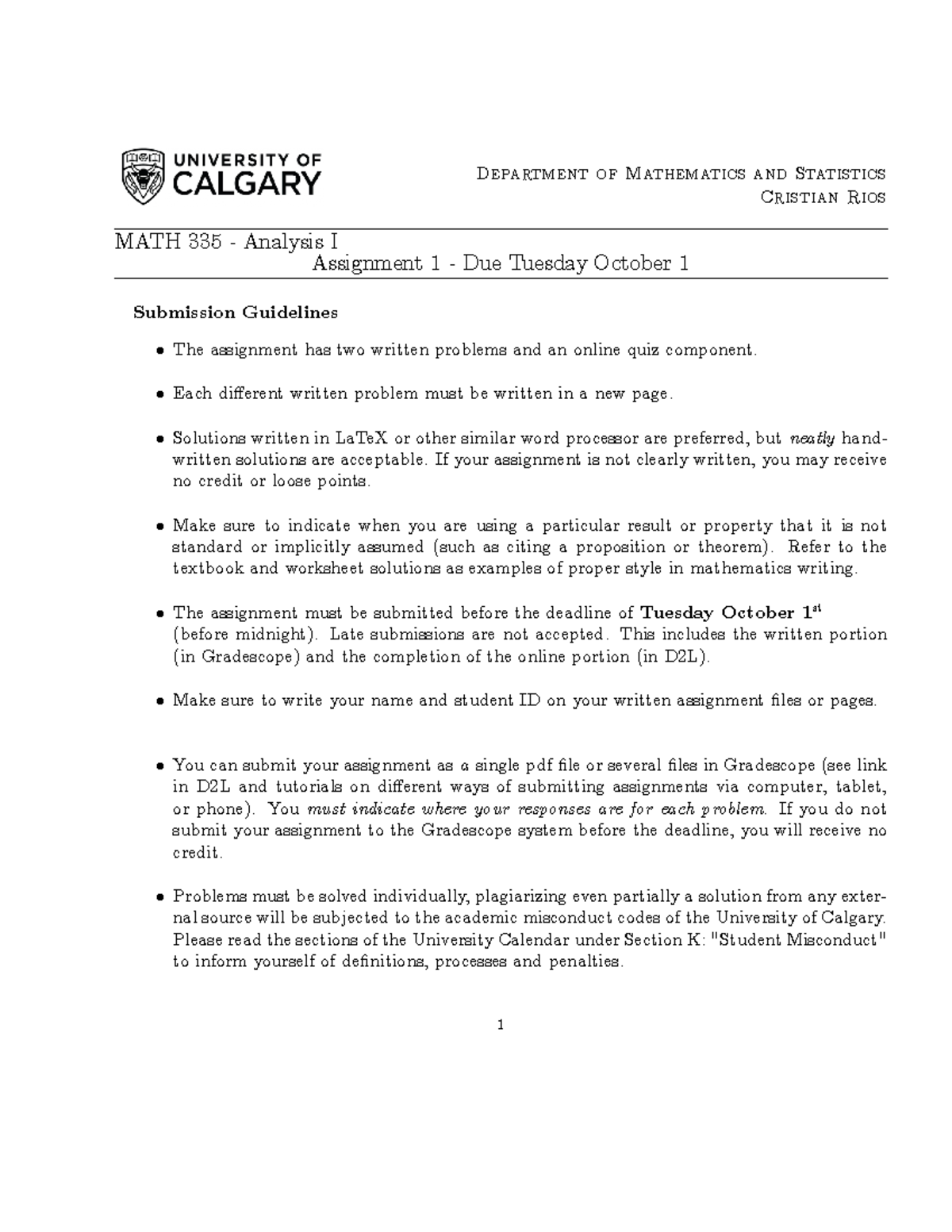 MATH 335 Analysis I Assignment 1 - Department of Mathematics and ...