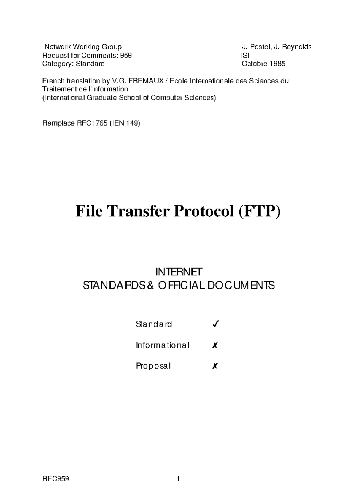 File Transfer Protocol(FTP) - Network Working Group J. Postel, J. Reynolds Request for Comments ...