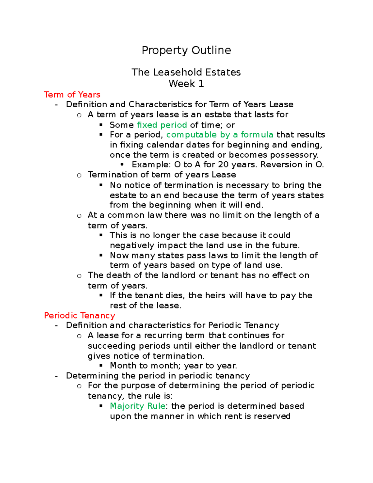 Proprty outline - notes - Property Outline The Leasehold Estates Week 1 ...