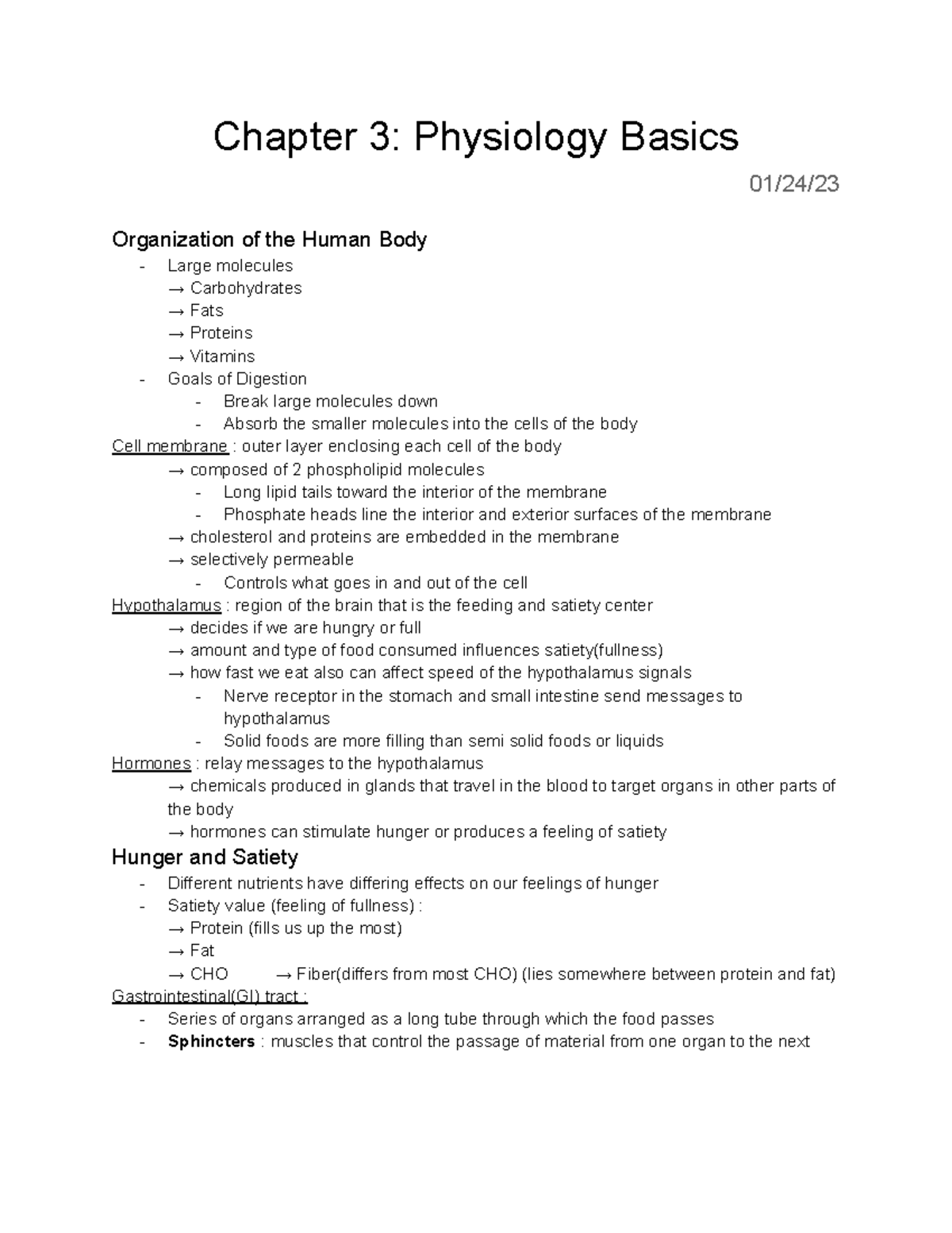 Chapter 3 - Chapter 3: Physiology Basics 01/24/ Organization of the ...