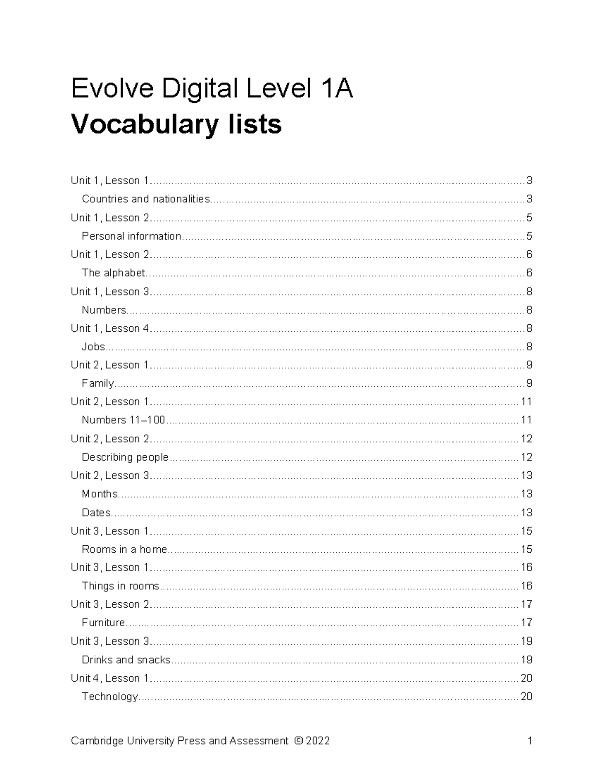 Evolve Digital Level 1A Vocabulary lists - Evolve Digital Level 1A Unit ...