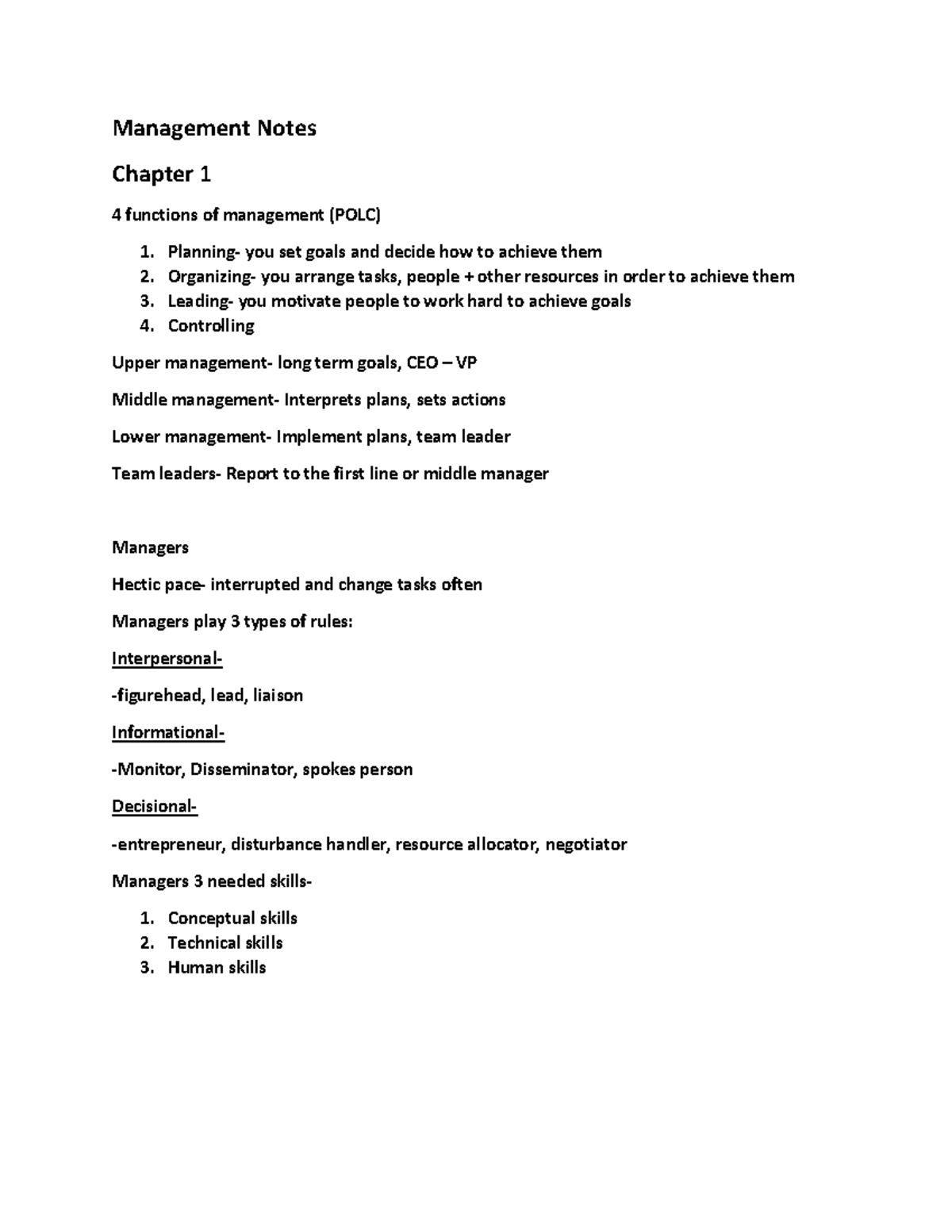 Management Notes - Valerie Barnett - Management Notes Chapter 1 4 ...