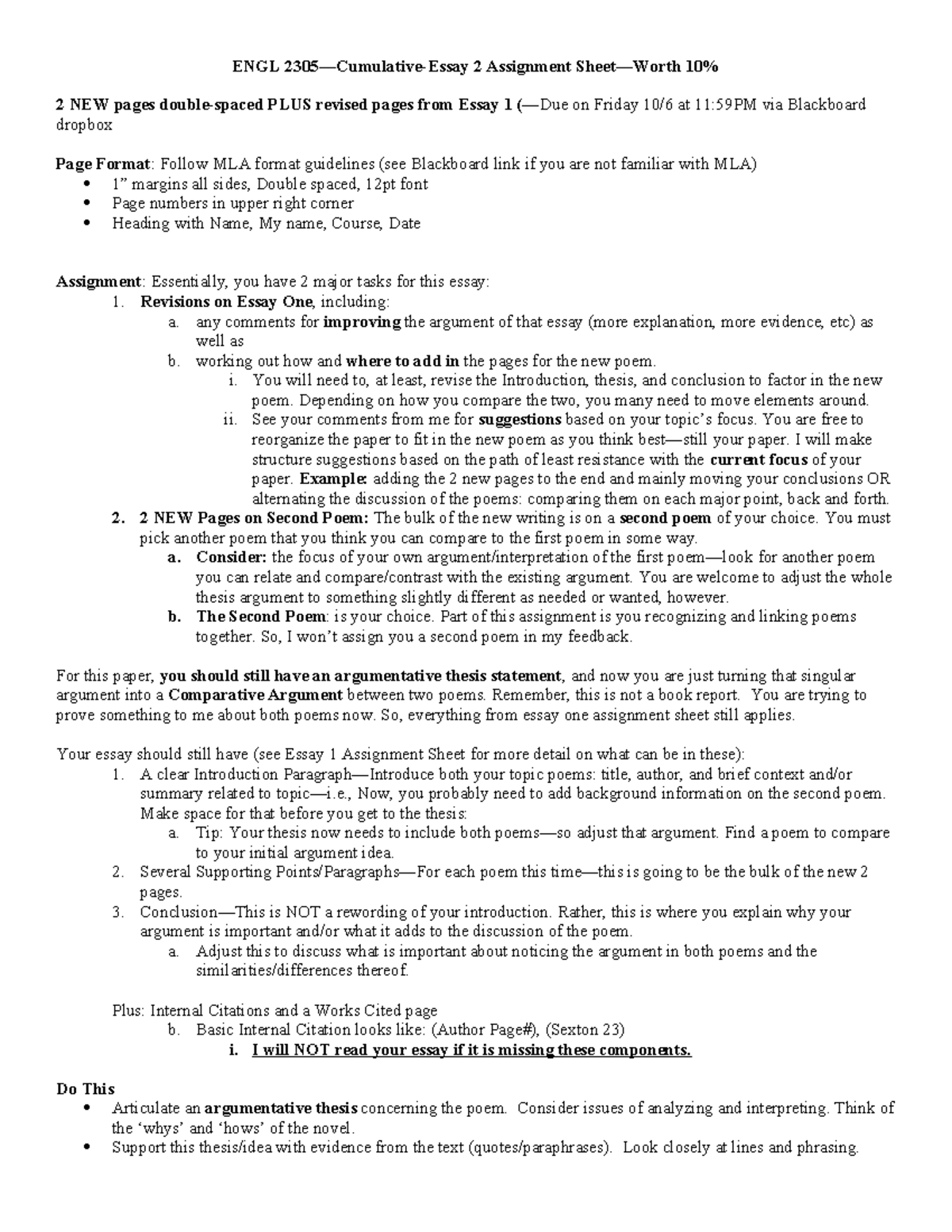 Cumulative Essay 2 Assignment Sheet Poetry Fall 23 DO3 - ENGL 2305 ...