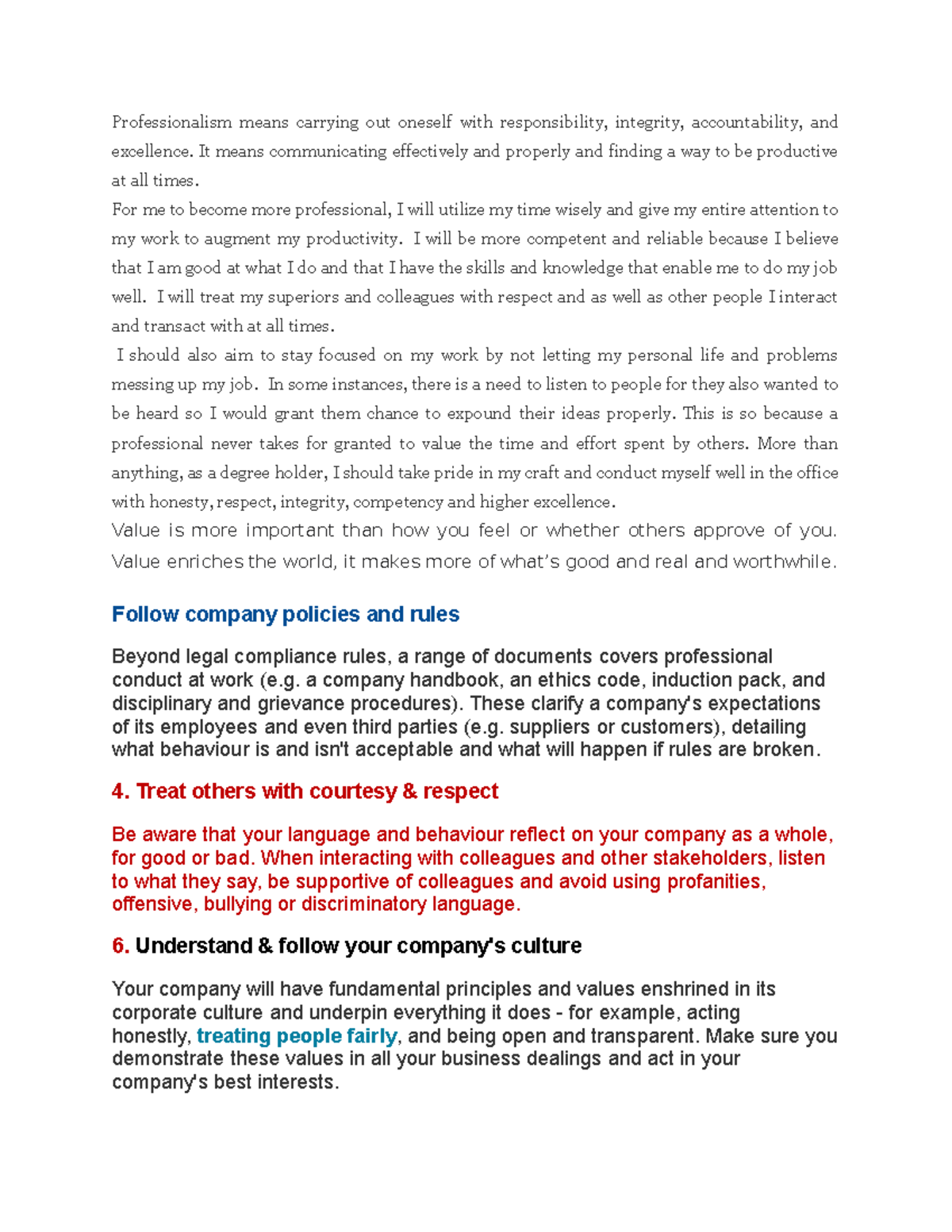 Scratch - Reflection - Professionalism means carrying out oneself with ...