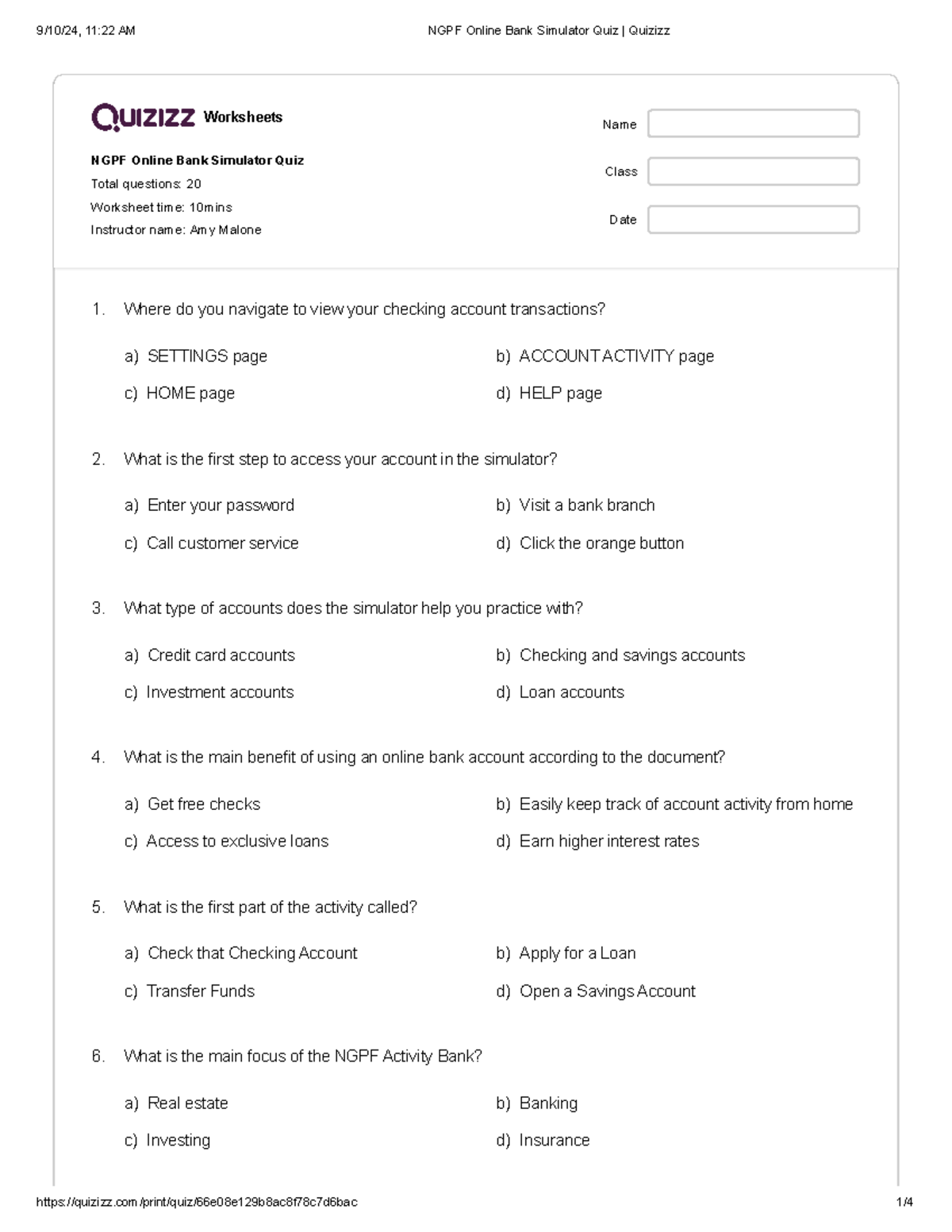 NGPF Online Bank Simulator Quiz Quizizz - Worksheets NGPF Online Bank ...