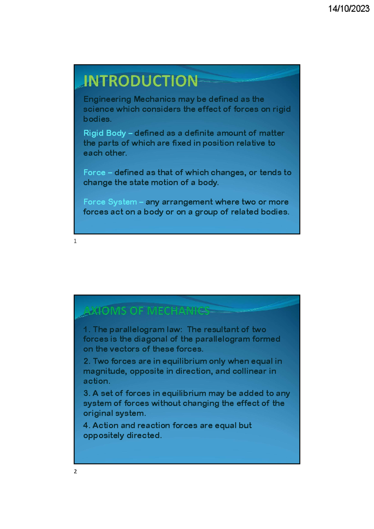Lecture Statics Part 1 Resultant Of Force Systems Engineering