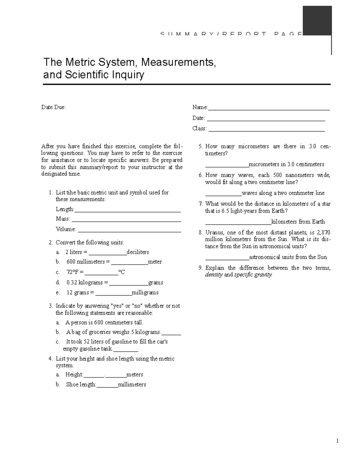 Lab Worksheet - Lab - S U M M A R Y / R E P O R T P A G E The Metric ...