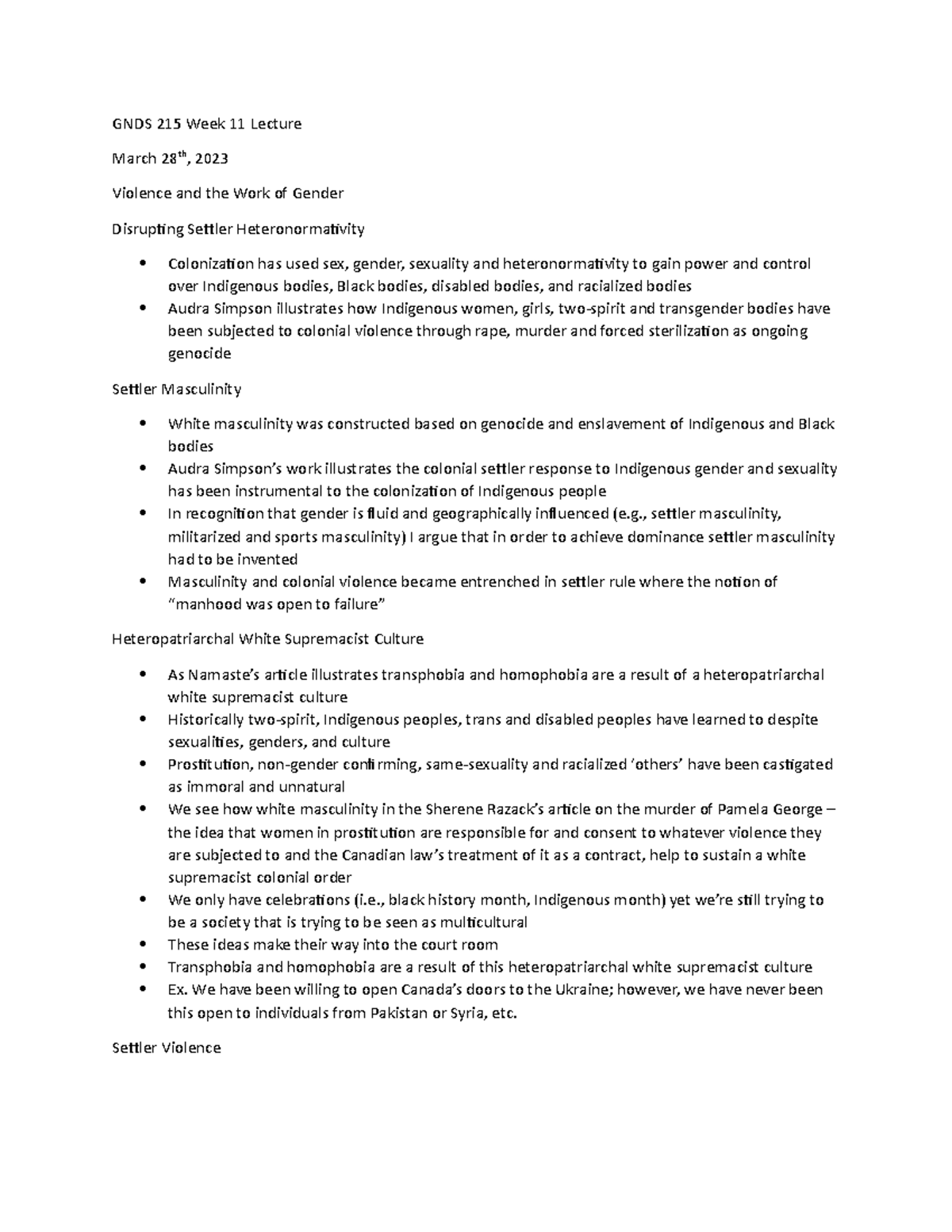 GNDS 215 Week 11 Lecture - GNDS 215 Week 11 Lecture March 28th, 2023 Violence and the Work of ...