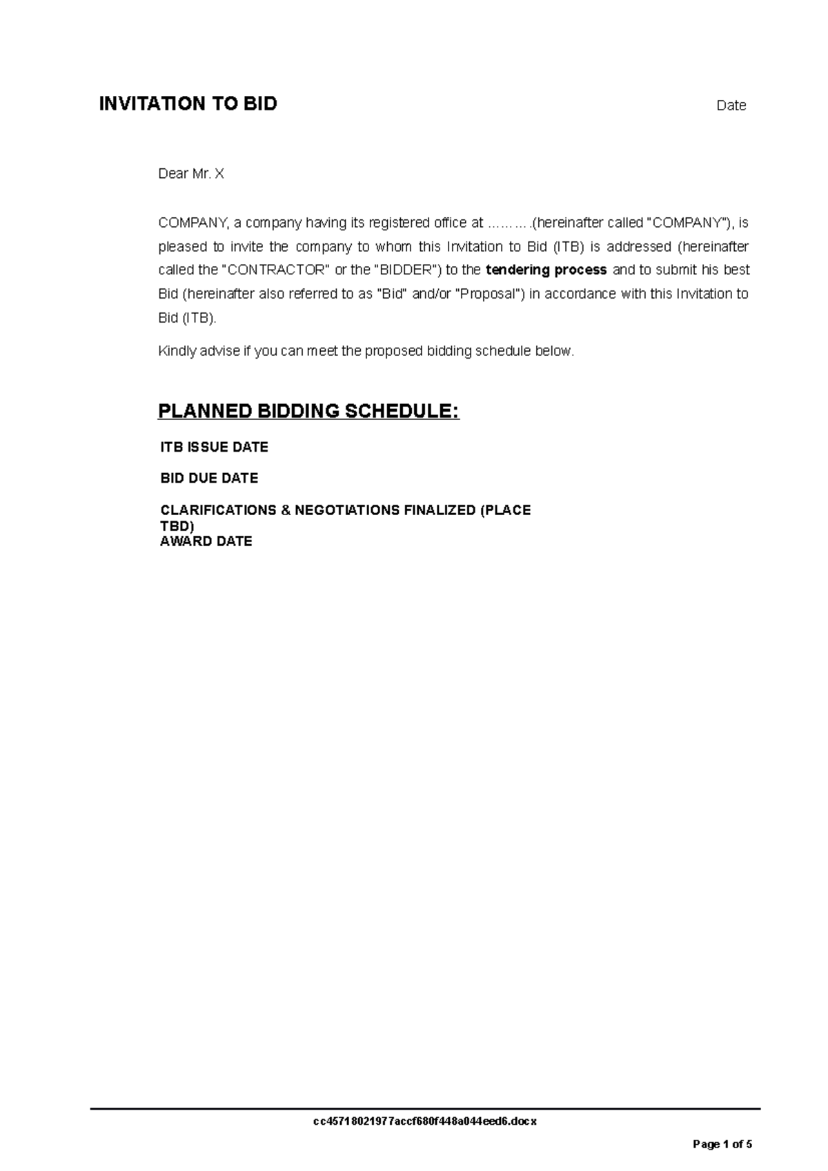 ITB Letter - procurement - INVITATION TO BID Date Dear Mr. X COMPANY, a ...